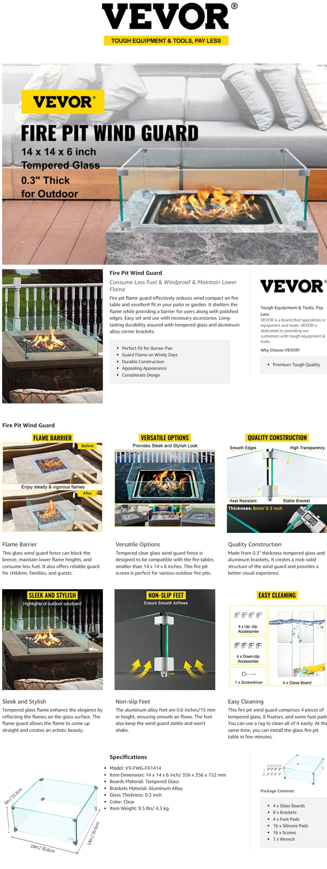 VEVOR Fire Pit Wind Guard 14 x 14 x 6 in. Glass Wind Guard Rectangular ...