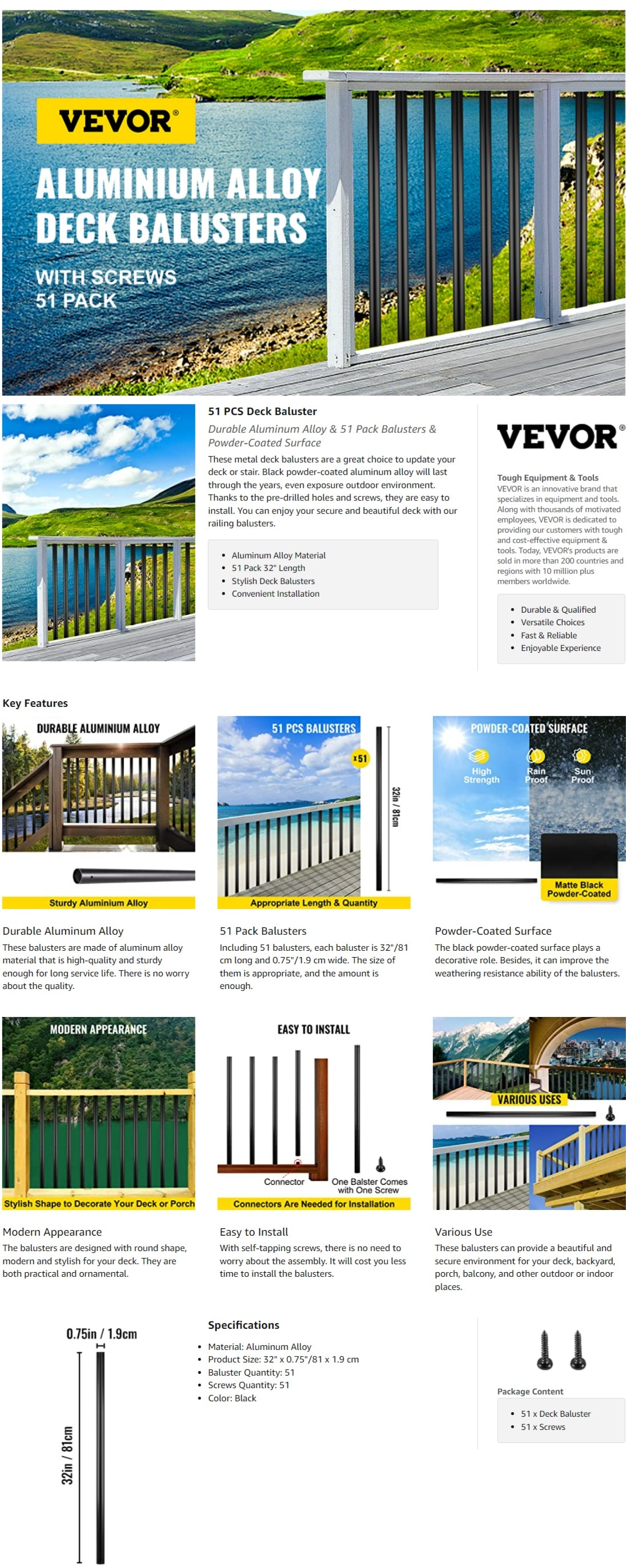 SKYSHALO Deck Balusters,51 Pack Metal Deck Spindles,32 in. x 0.75 in ...