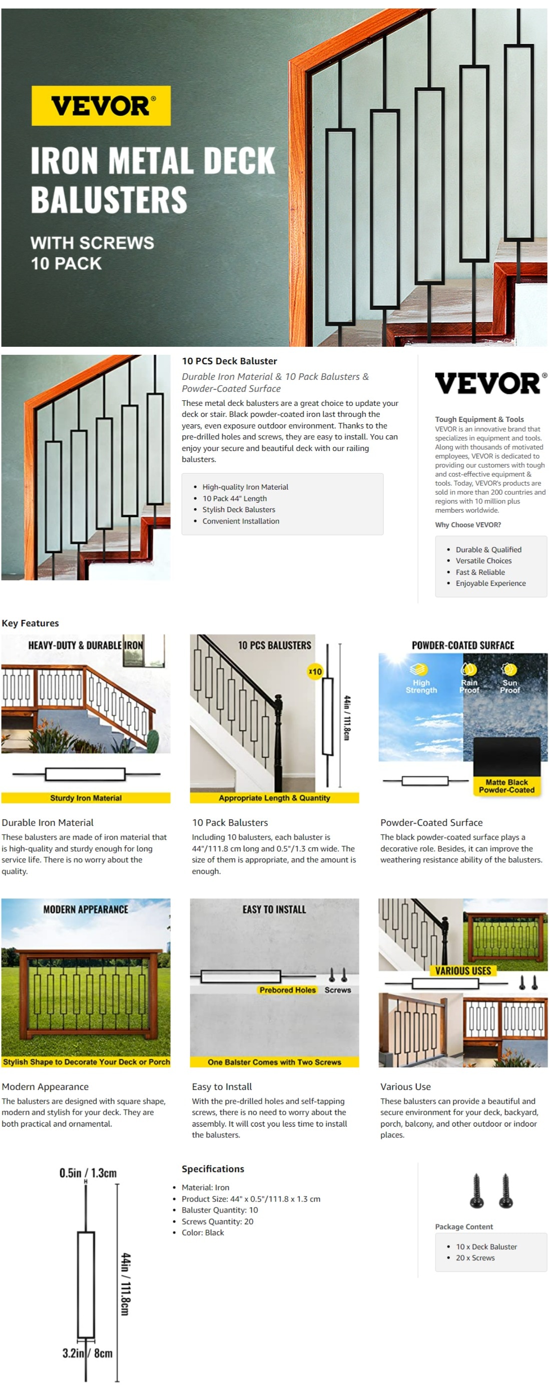 SKYSHALO 44 in. L x 0.5 in. W Deck Balusters 10-Pack Metal Deck ...