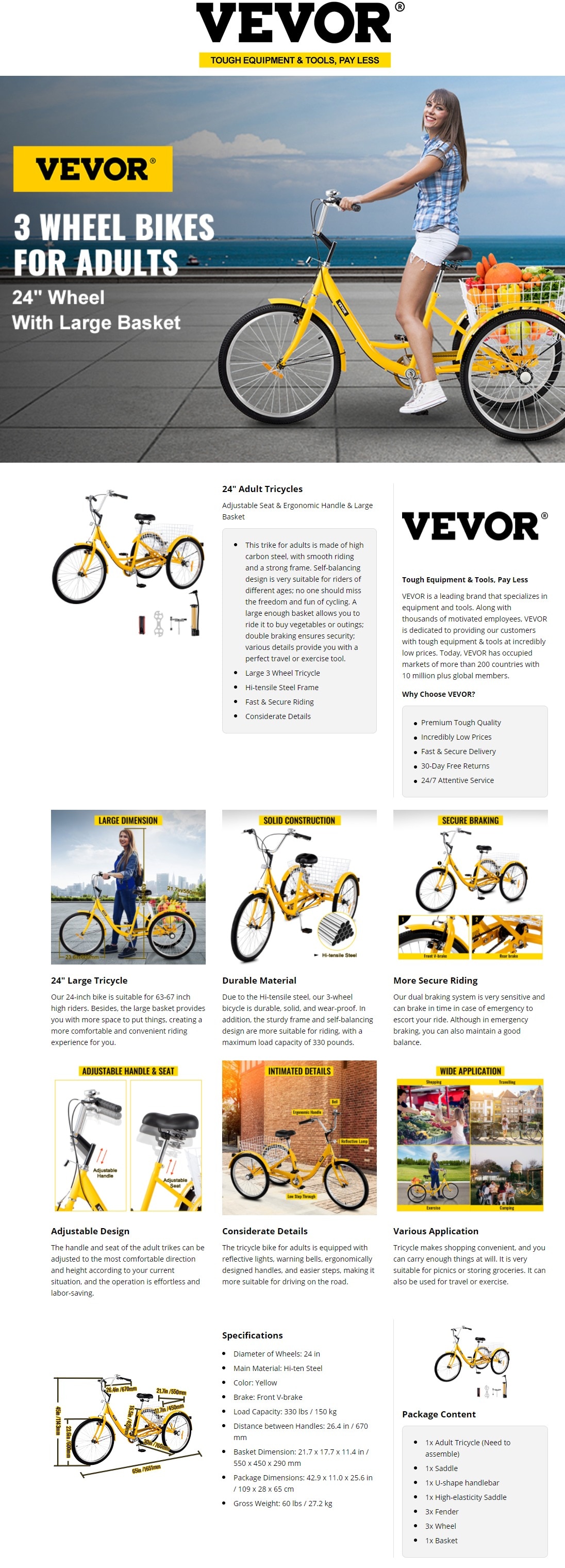 VEVOR Adult Tricycle 24 in. Three Wheel Bikes 1 Speed Tricycle with ...