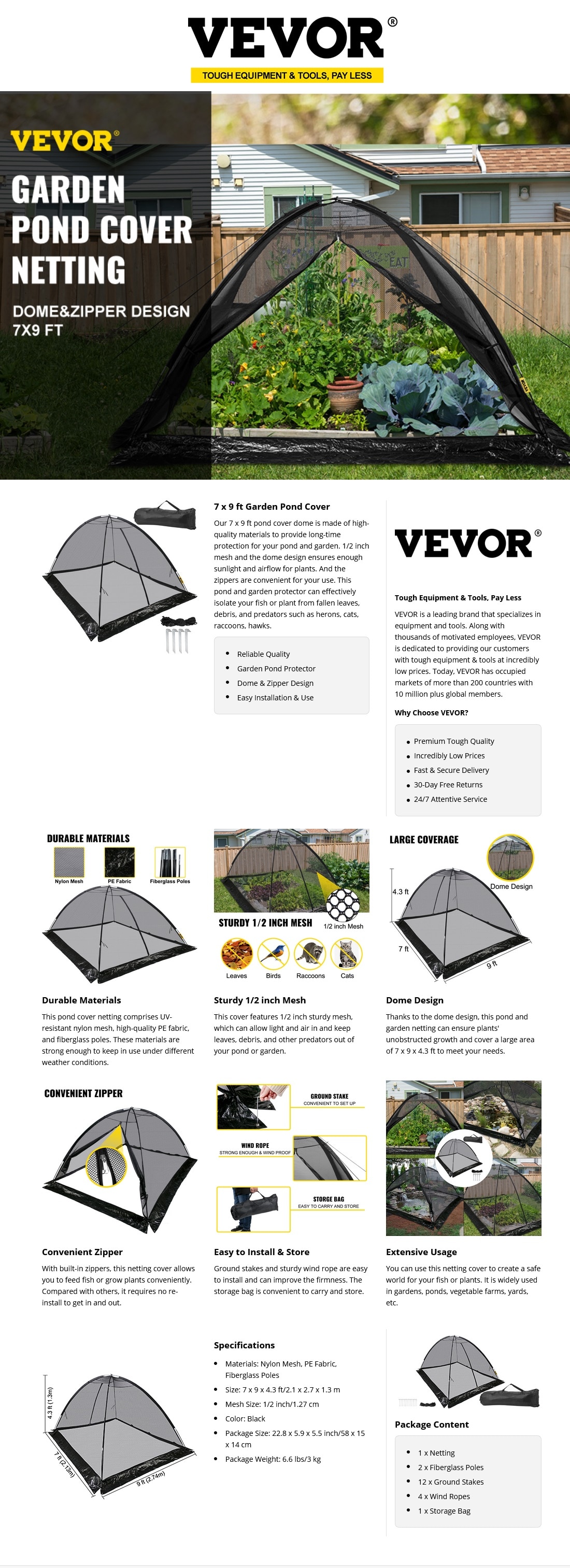 VEVOR Pond Cover Dome 7 ft. x 9 ft. Garden Pond Net 1/2 in. Mesh Dome ...