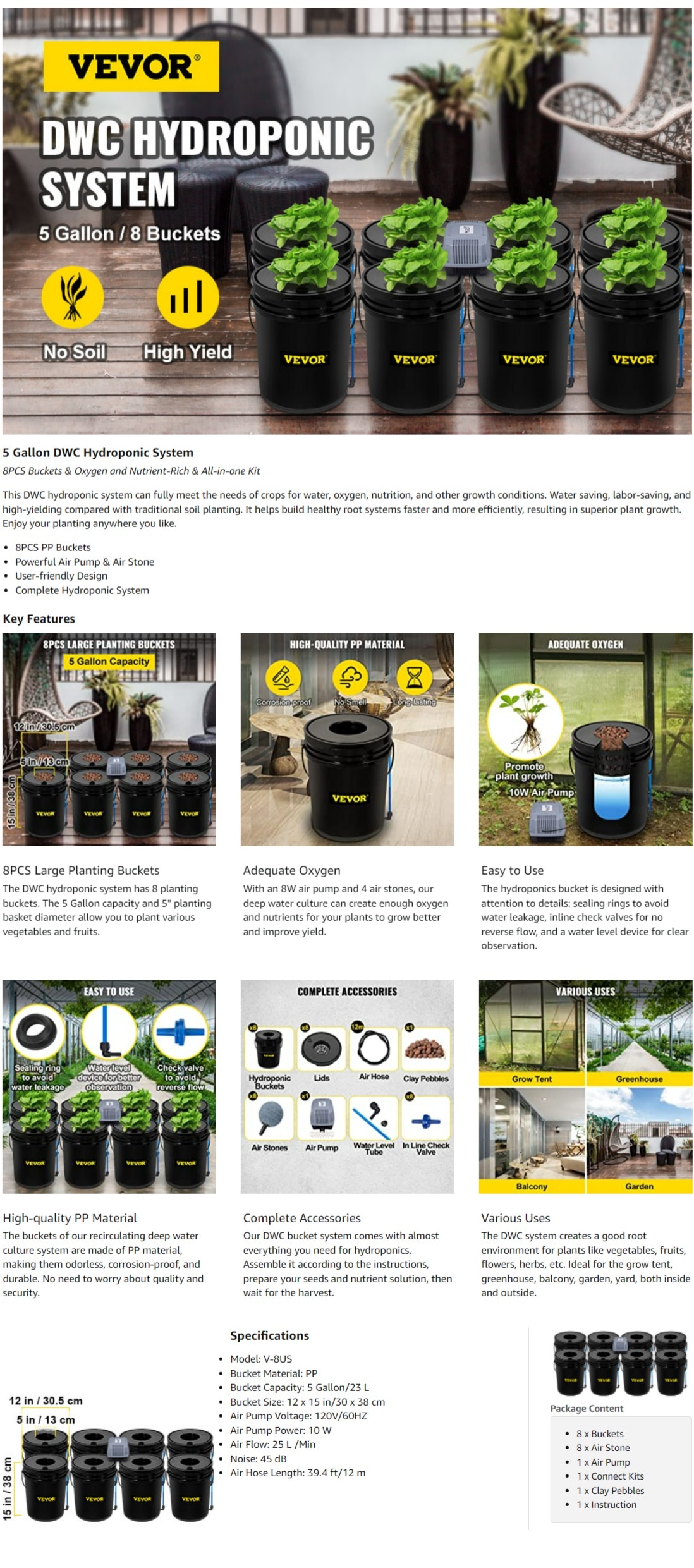 VEVOR DWC Hydroponic System 5 Gal. Buckets Deep Water Culture Growing ...