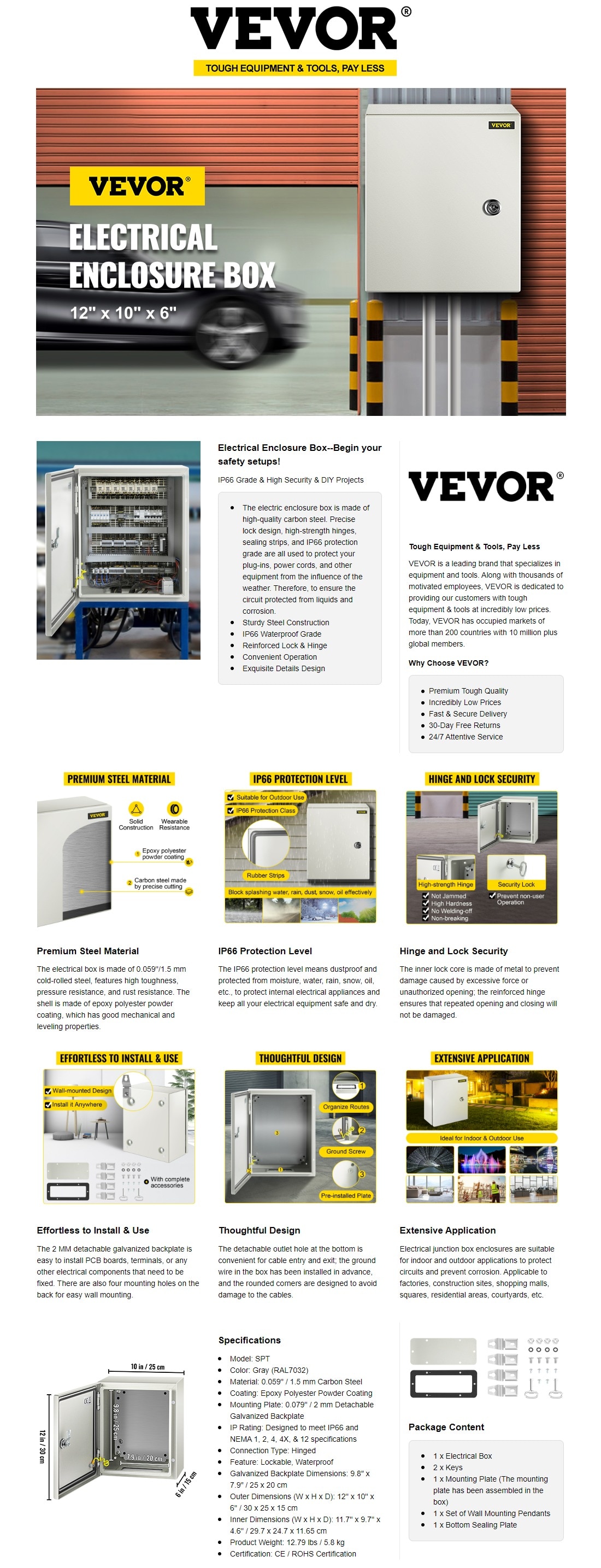 VEVOR Steel Electrical Enclosure 12 in. x 10 in. x 6 in. Reinforced ...