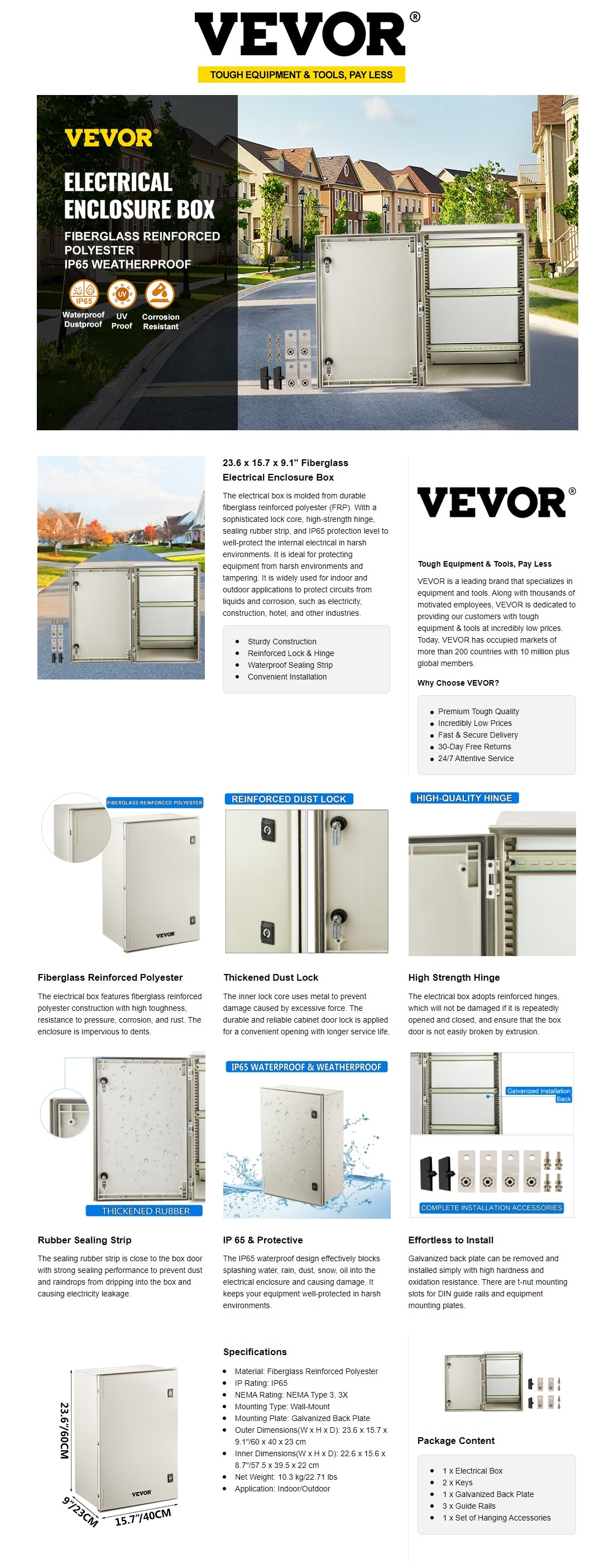 VEVOR 2 cu.ft. Electrical Enclosure Box 24 x 16 x 9 in. NENA 4X ...