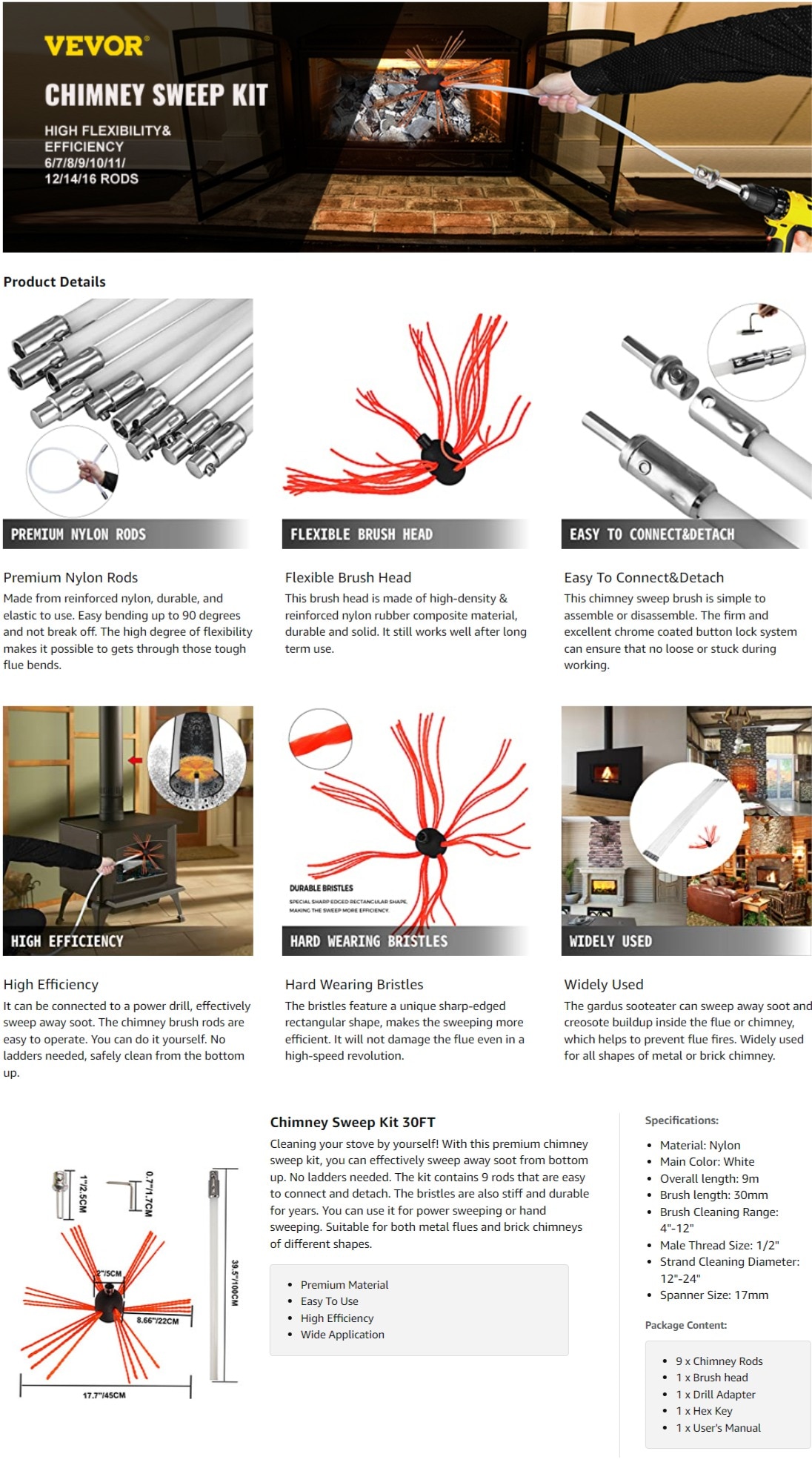 VEVOR Chimney Sweep Kit 30 ft. Flexible Chimney Brush Kit Driven by ...