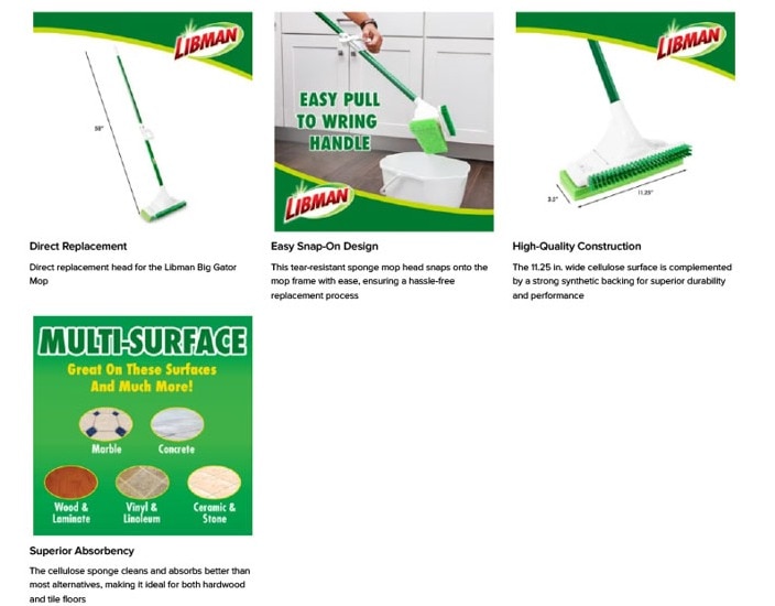 Libman 11.25 in. Big Gator Sponge Mop with Scrub Brush Head Refill 3961 ...