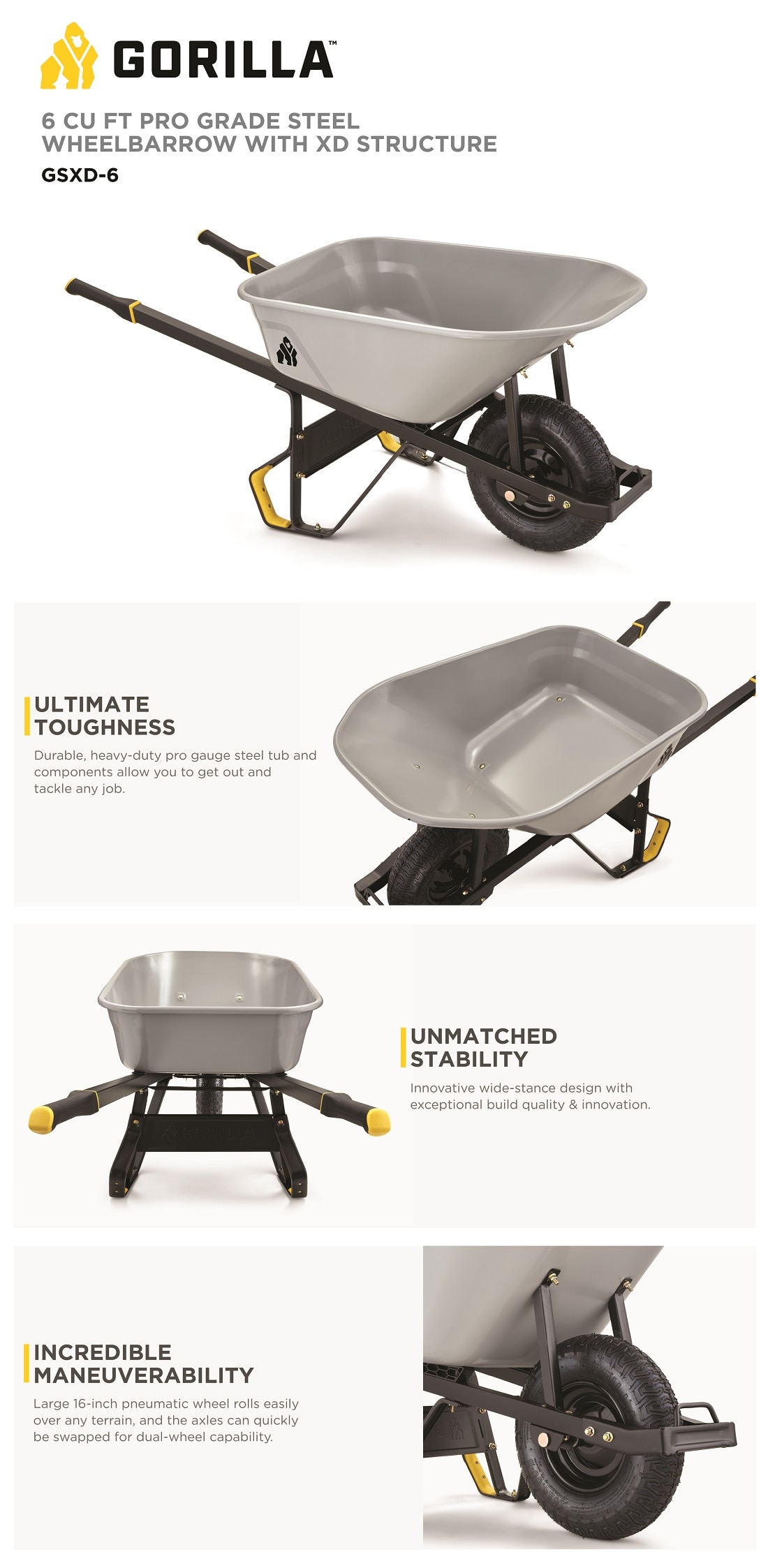 Gorilla 6 cu. ft. PRO Heavy-Duty Steel Tub Wheelbarrow, Steel Braces ...
