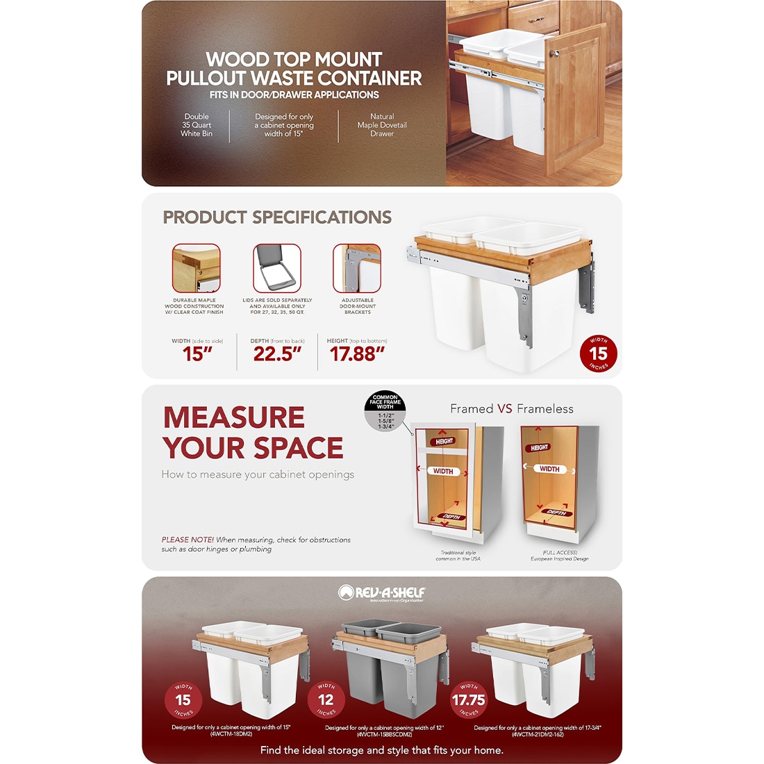Rev-A-Shelf White Double Pull Out Top Mount Trash Can 35 qt. 4WCTM ...
