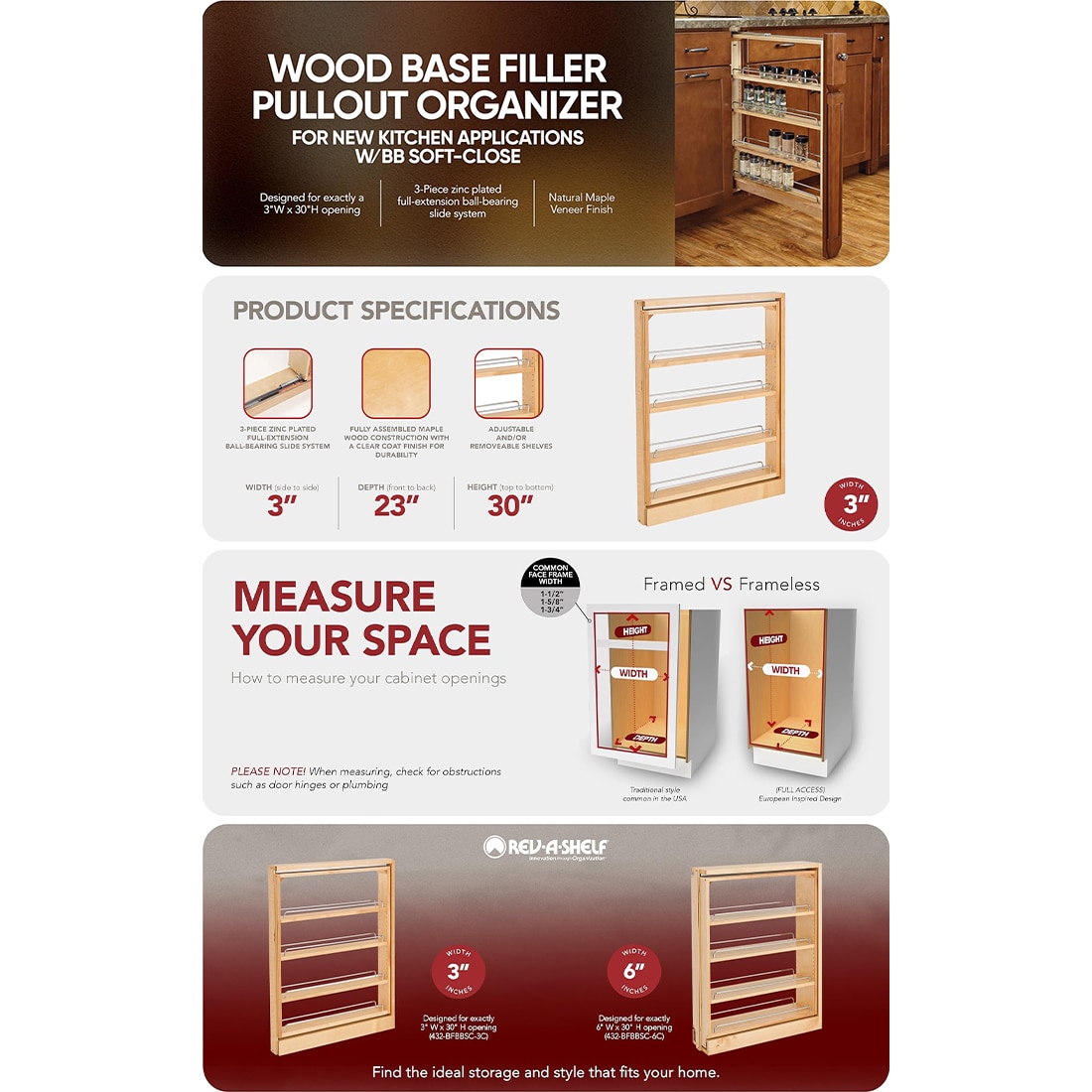 Rev-A-Shelf Maple 3 in. Pull-Out Base Filler Cabinet Rack with Soft ...