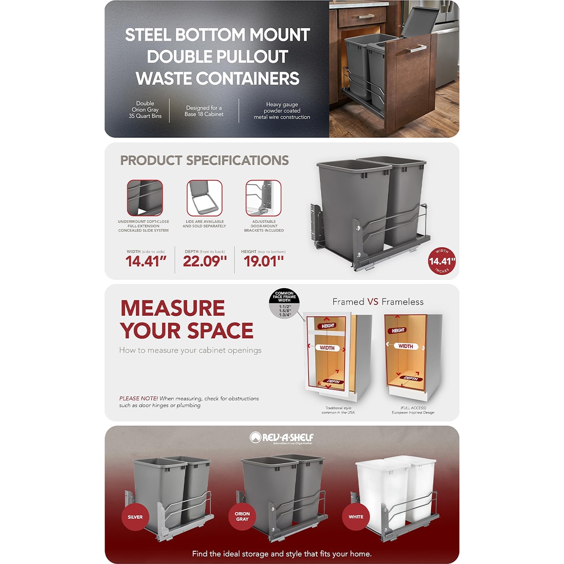 Rev-A-Shelf Gray Double Pull Out Trash Can 35 qt. with Soft-Close 53WC ...