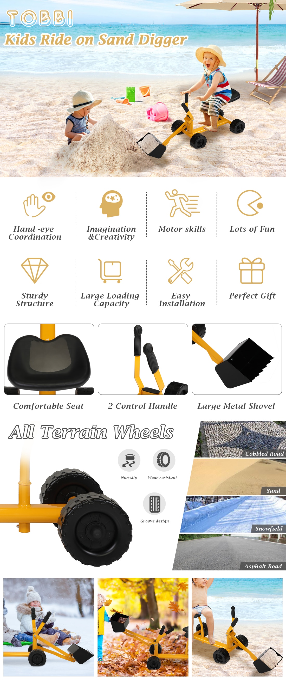 TOBBI Sand Digger Outdoor Sand Toys Kids Ride on Sand Scooper Sandbox ...