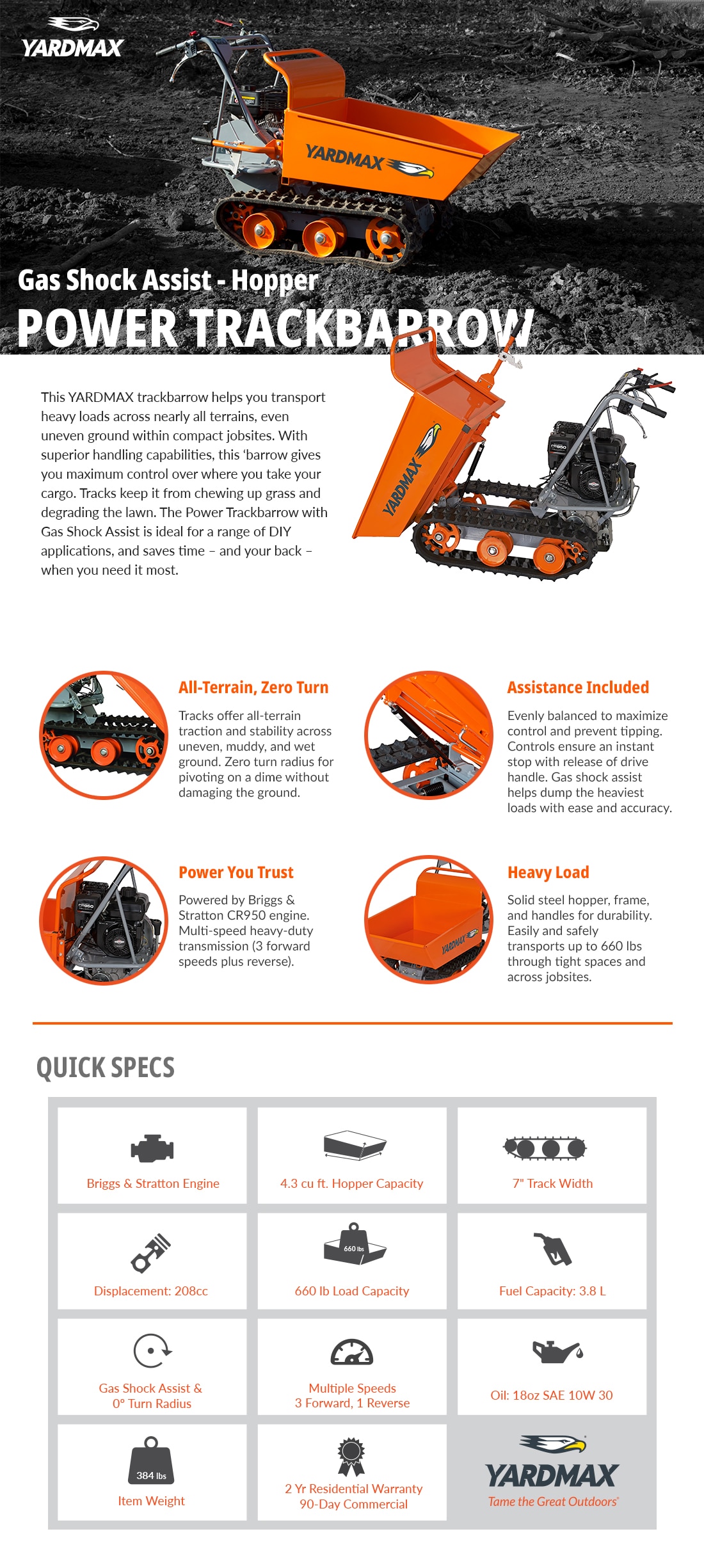 YARDMAX YD8103 Track Barrow, 660lb. Capacity, Briggs CR950, 6.5 hp ...