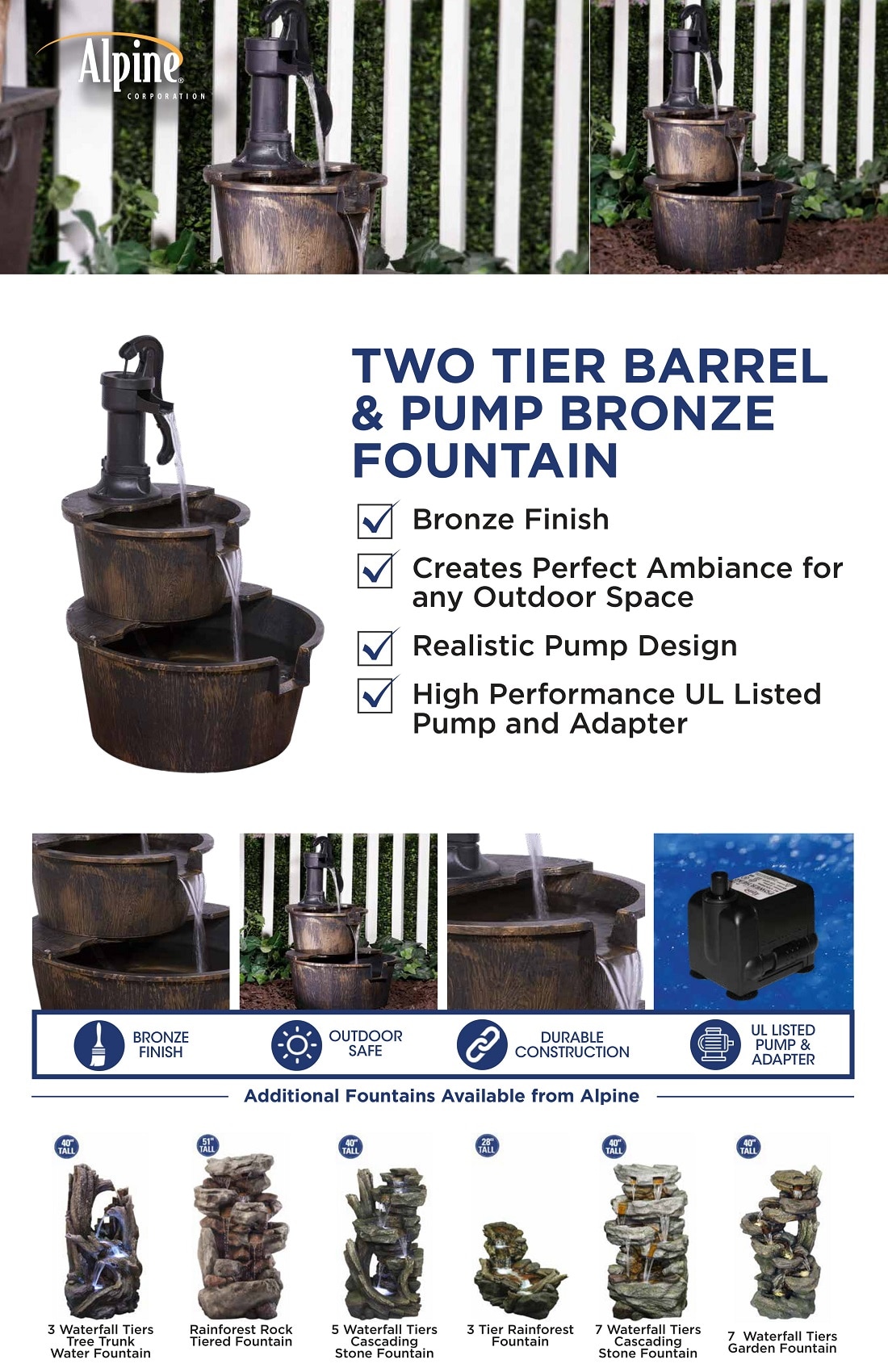 Alpine Corporation 27 in. Tall 2-Tiered Barrel and Pump Waterfall ...