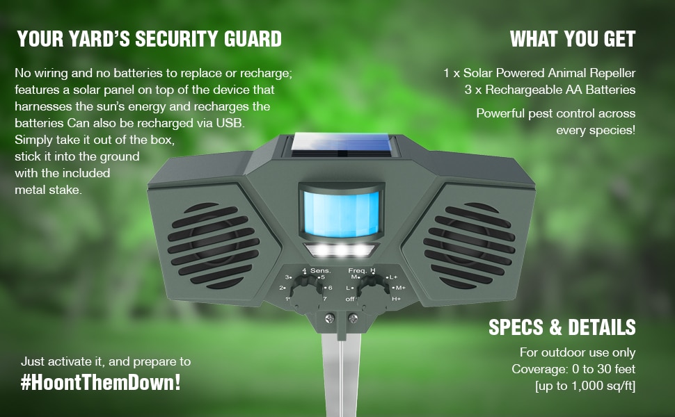 HOONT Solar Powered Motion Activated Ultrasonic Deer and Pest Repeller ...