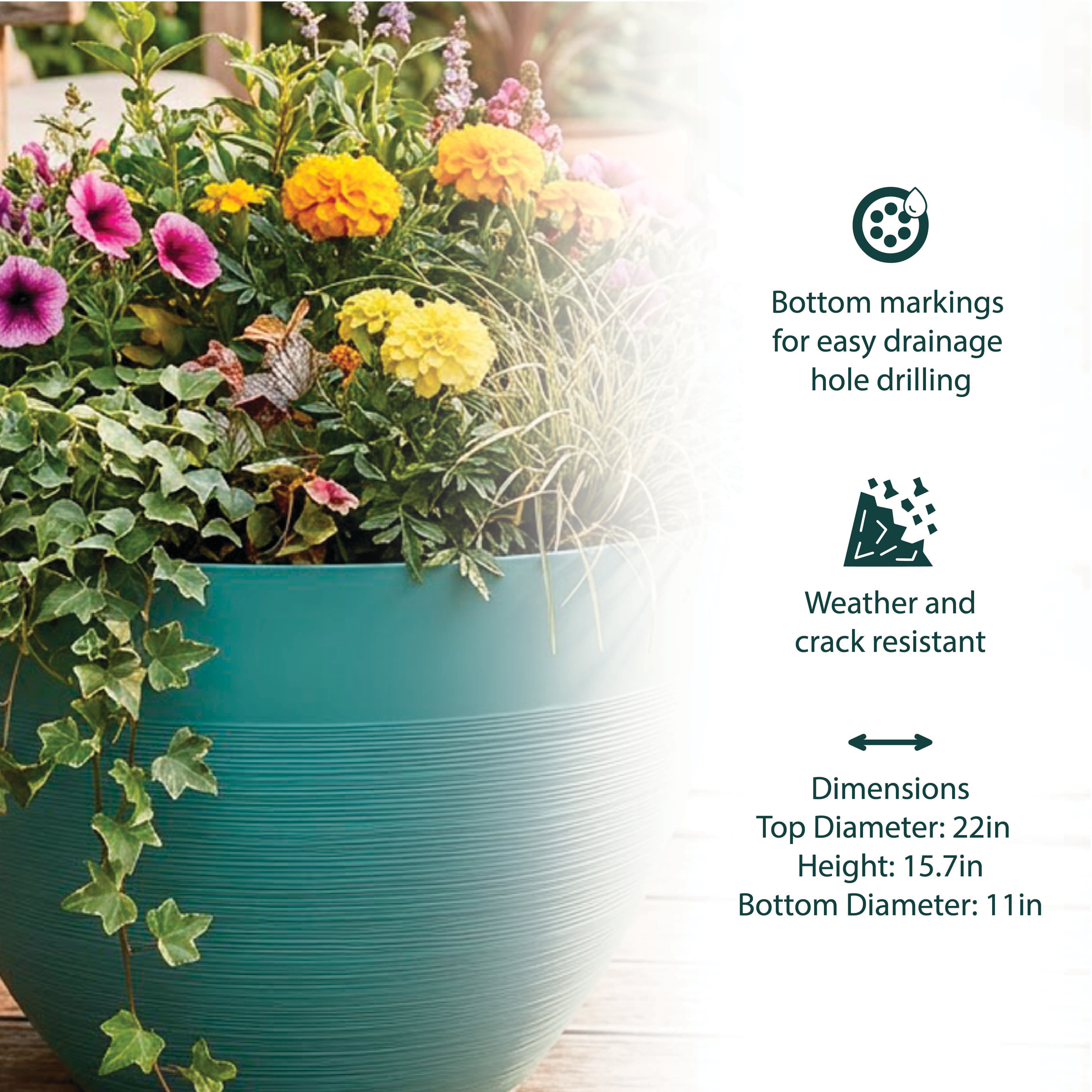 CHG CLASSIC HOME & GARDEN Decatur Large Teal Resin Lightweight Round ...