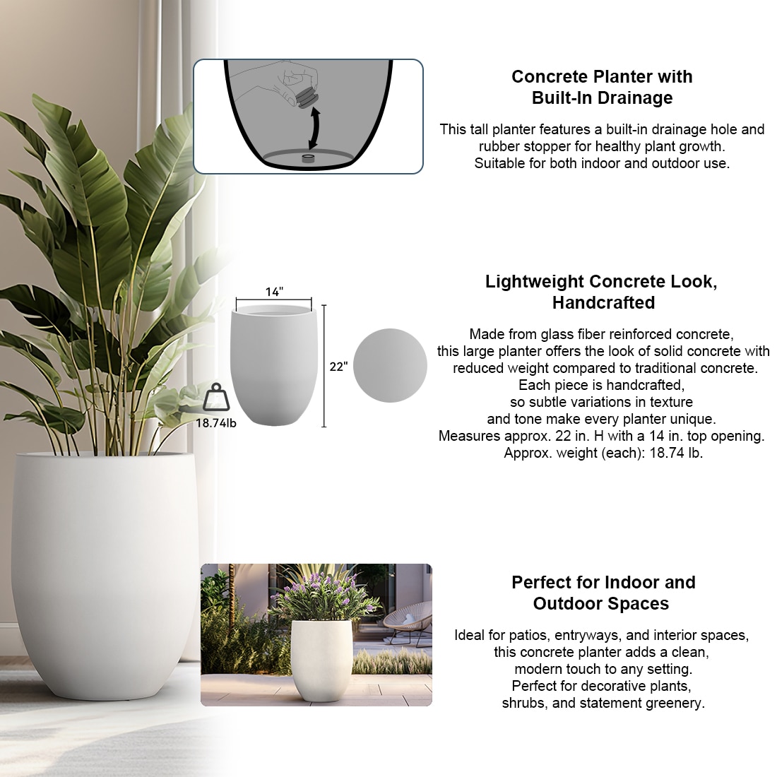 Sapcrete Large White Concrete Tall Tapered Cylinder Planter Lightweight ...