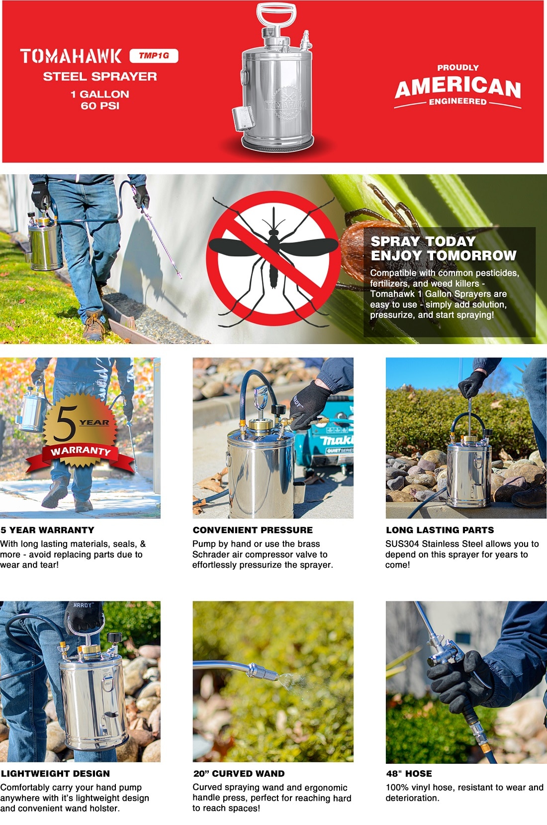 Tomahawk Power 1 Gal. Stainless Steel Sprayer with 20 in. Wand for Pest ...