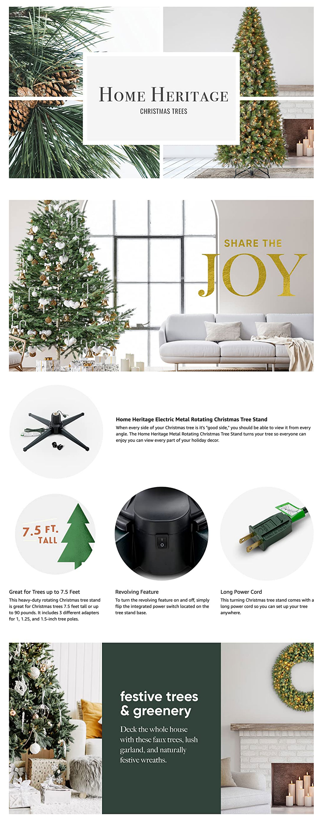 Home Heritage Black Metal Rotating Tree Stand and Powered Christmas ...