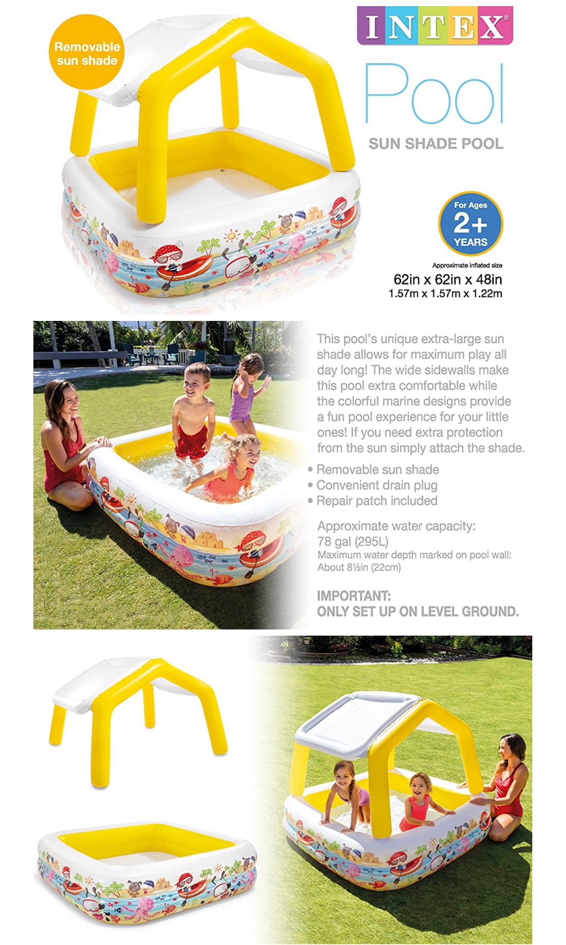 Intex Square 62 in. x 48 in. Deep Inflatable Ocean Scene Sun Shade Kids ...