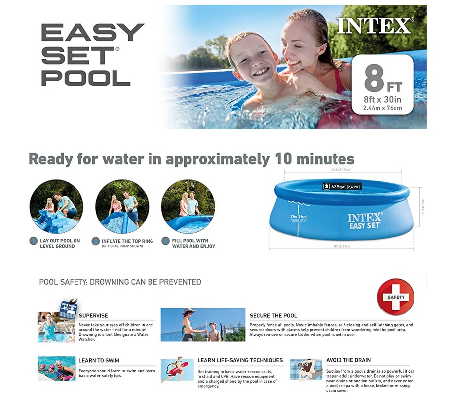 Intex 8 ft. Round x 30 in. D Above Ground Inflatable Pool Easy Set ...