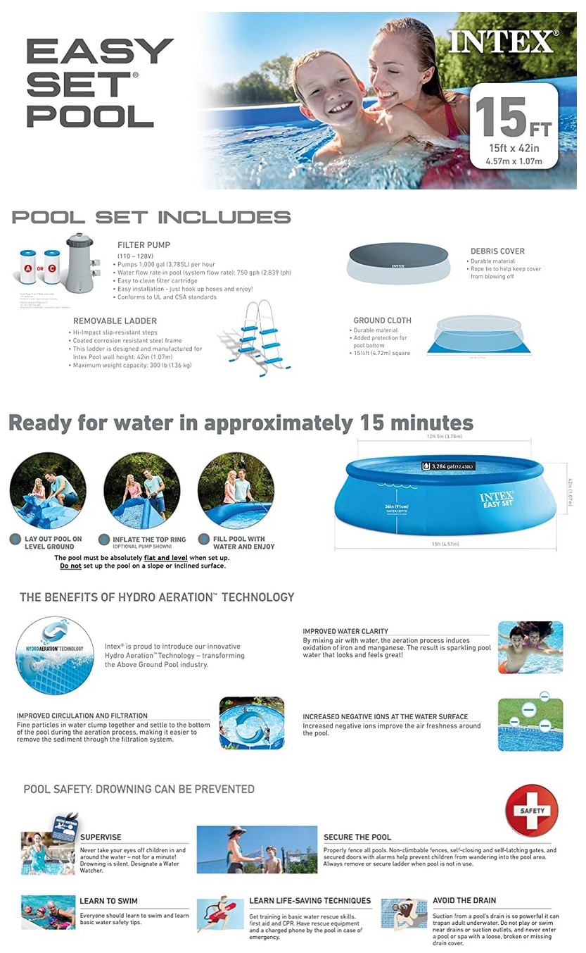 Intex Easy Set 15 ft. Round x 42 in. Deep Inflatable Pool with 1,000 ...