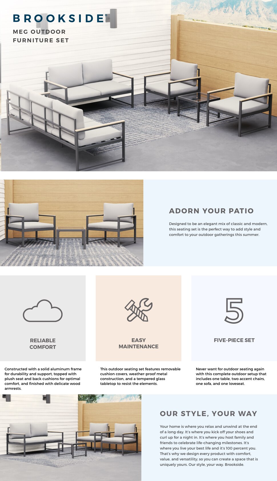 Brookside Meg 5-Piece Outdoor Metal Seating Set with Light Gray ...