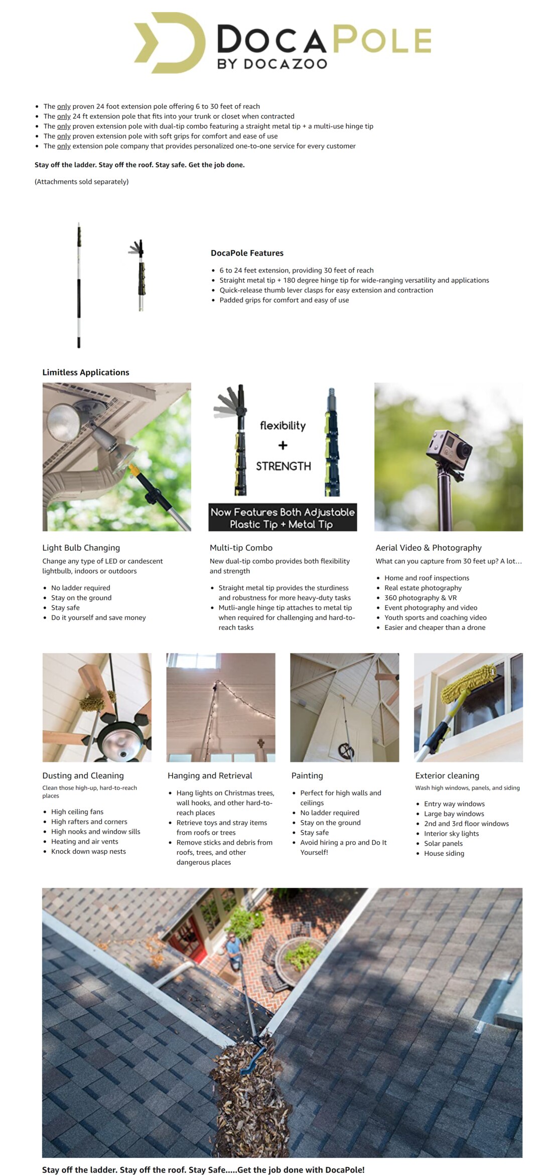 DocaPole 6 ft. - 24 ft. Extension Pole - Multi-Purpose Telescopic Pole ...