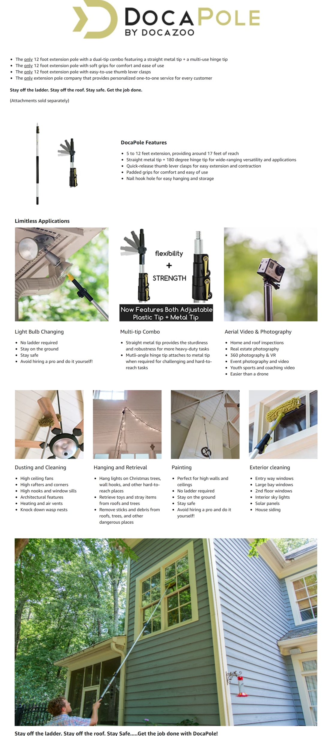 DocaPole 5 ft. - 12 ft. Extension Pole - Multi-Purpose Telescopic Pole ...