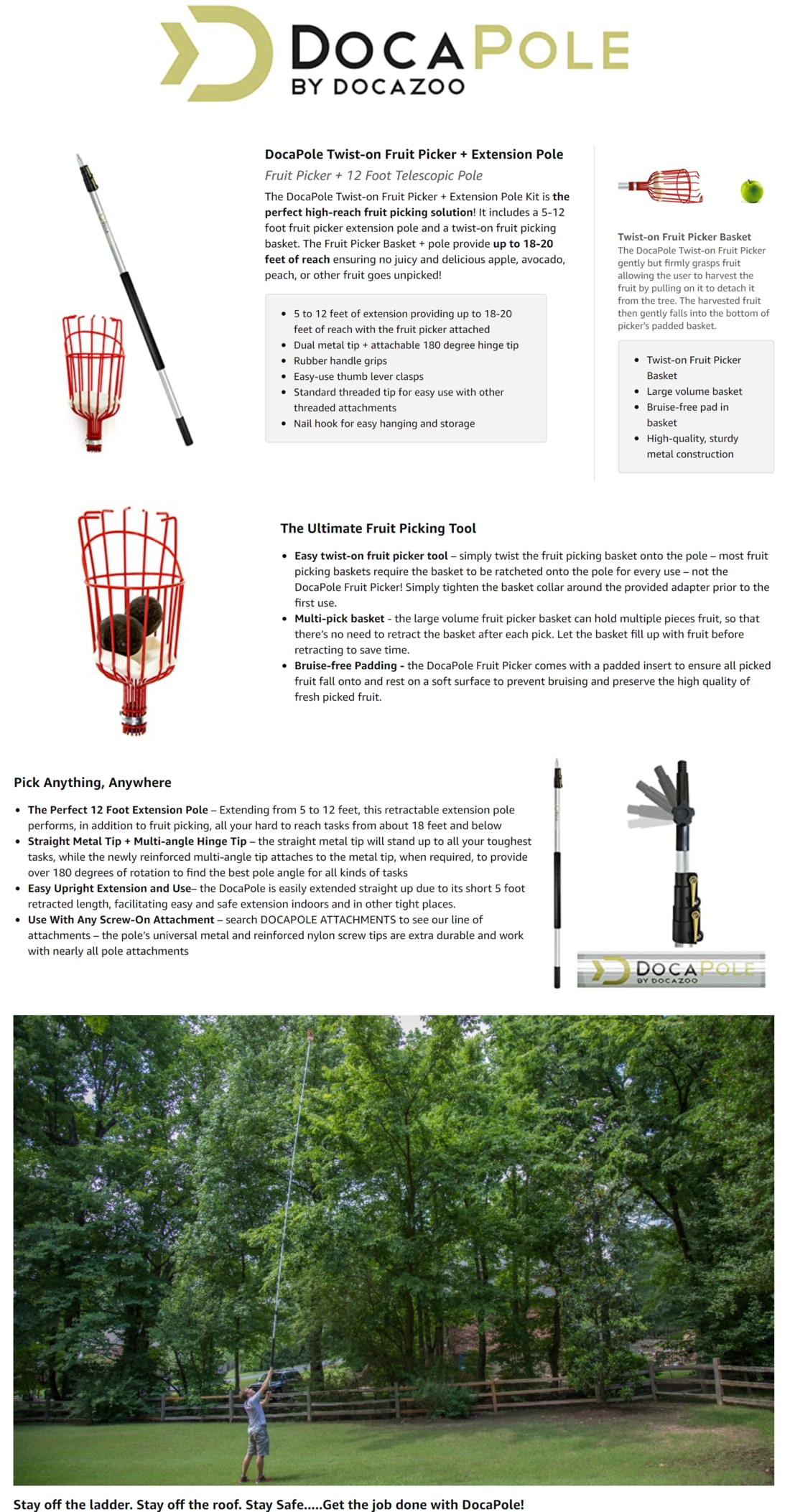 DocaPole Twist-On Fruit Picker Tool with 5 ft. to 12 ft. Telescopic ...