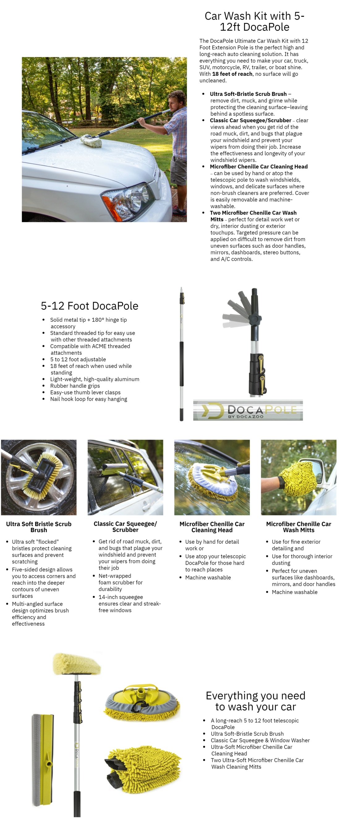 DocaPole Car Wash Cleaning Kit & 12 ft. Extension Pole Soft Car Scrub ...