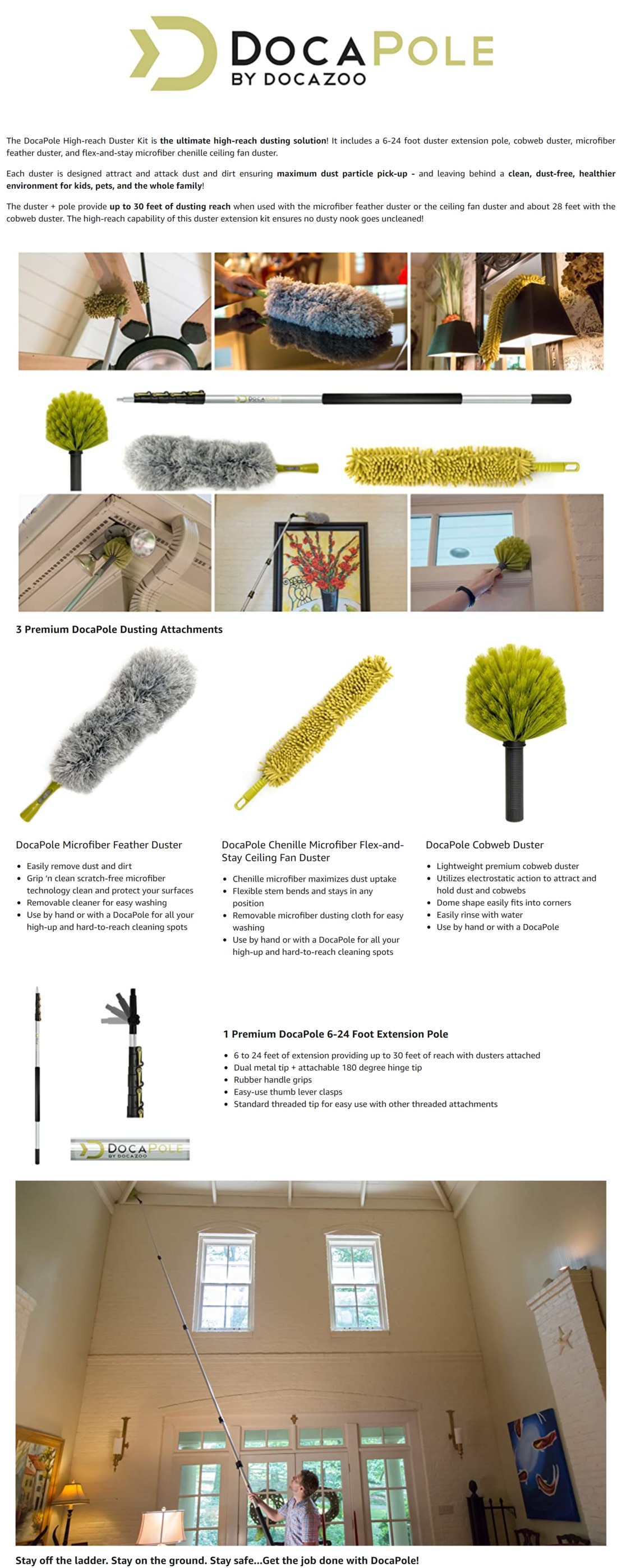 DocaPole High Reach Dusting Kit - Includes 6 ft. - 24 ft Extension Pole ...