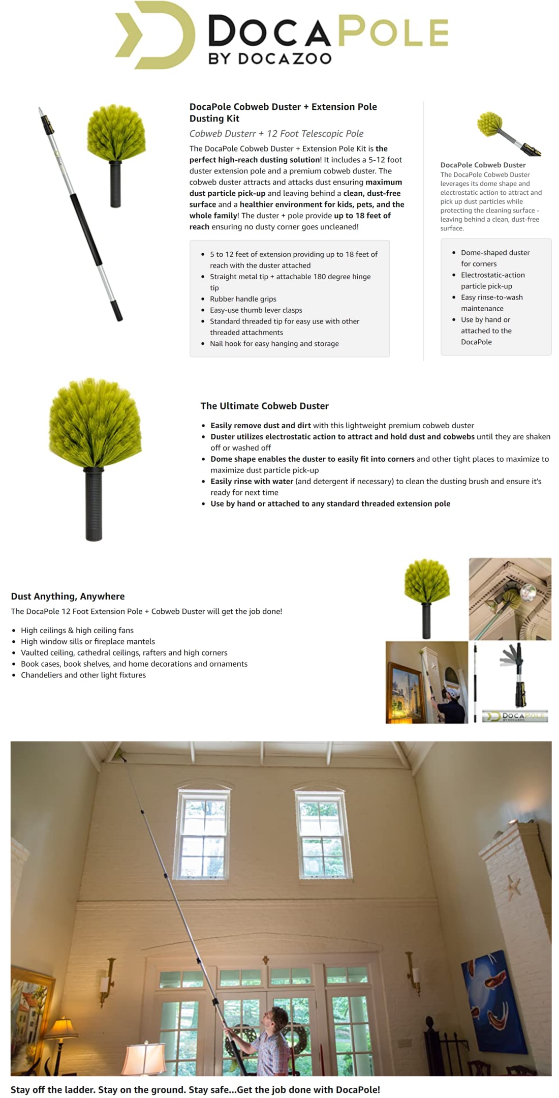 DocaPole 5 ft. to 12 ft. Extension Pole + Cobweb Duster / High Reach ...