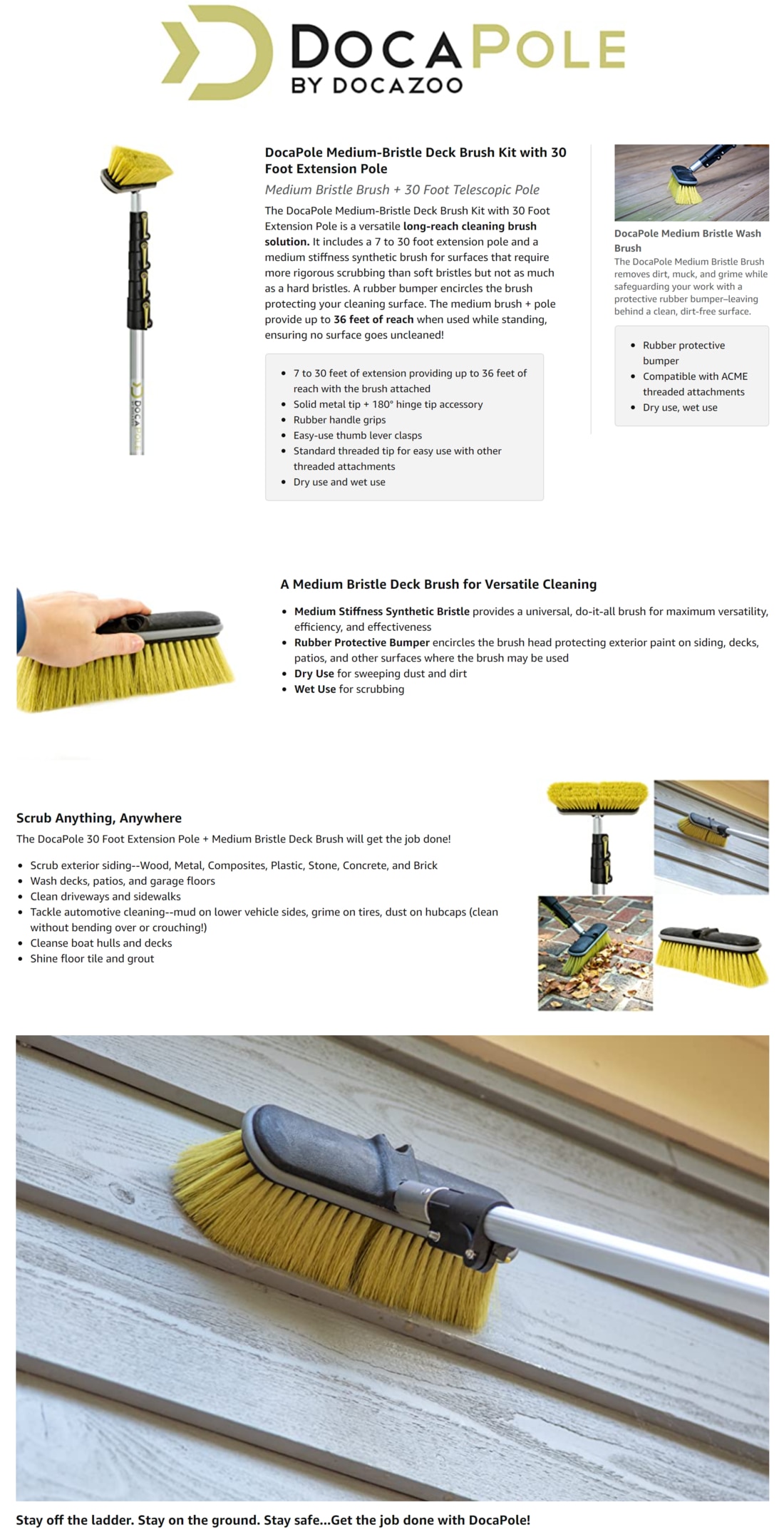 DocaPole Medium Bristle Deck Brush + 7 ft. to 30 ft. Extension Pole 11 ...