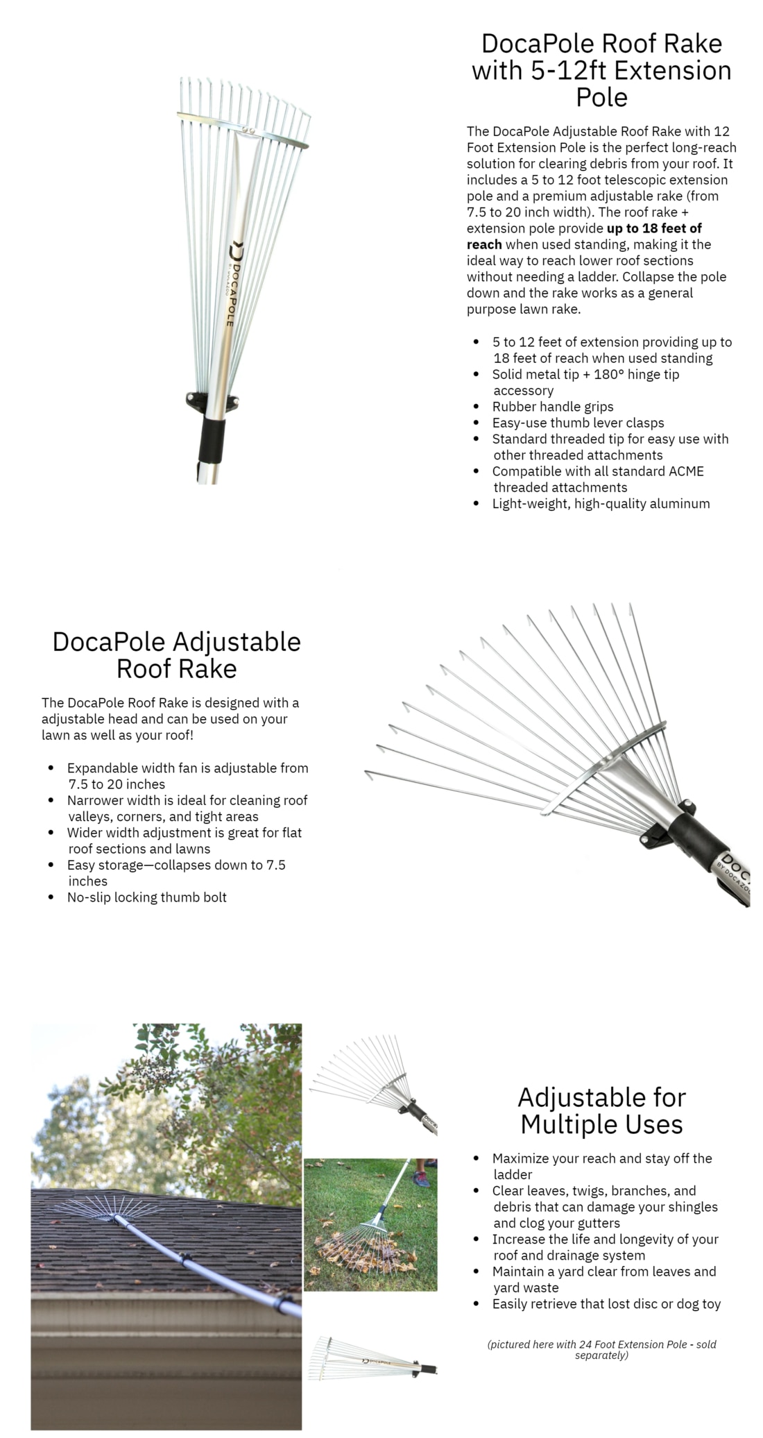 DocaPole 5 ft. - 12 ft. Extension Pole + Roof Rake Telescopic ...
