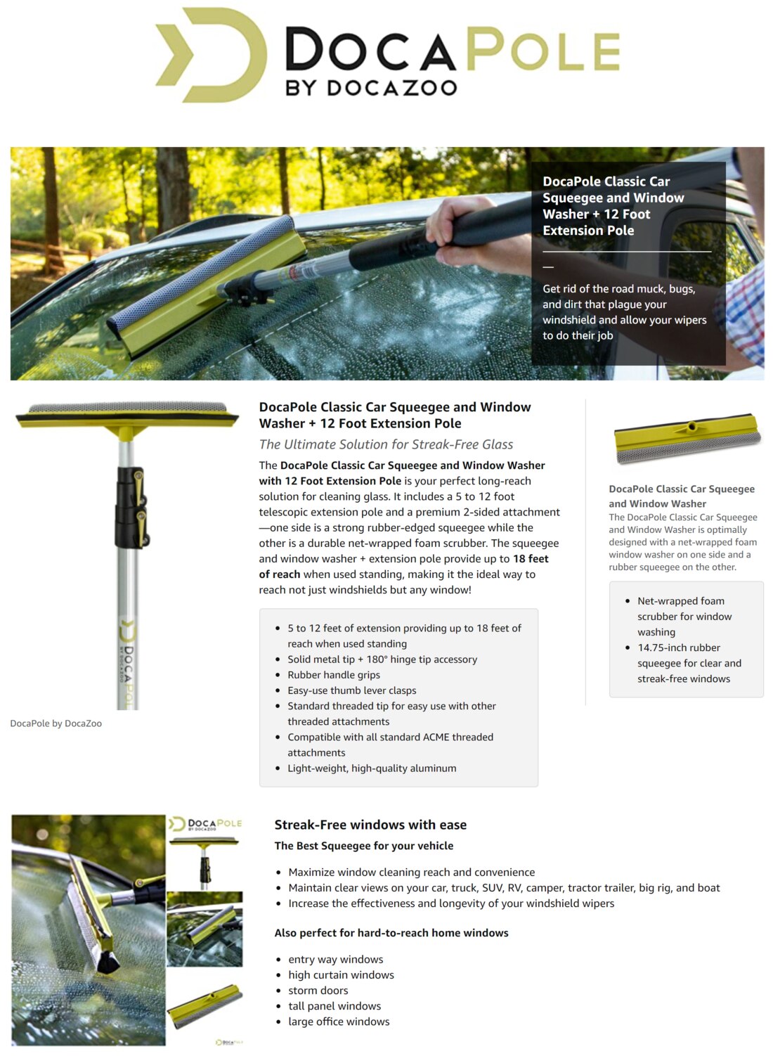 DocaPole 5 ft.-12 ft. Extension Pole Plus Car Squeegee and Window ...