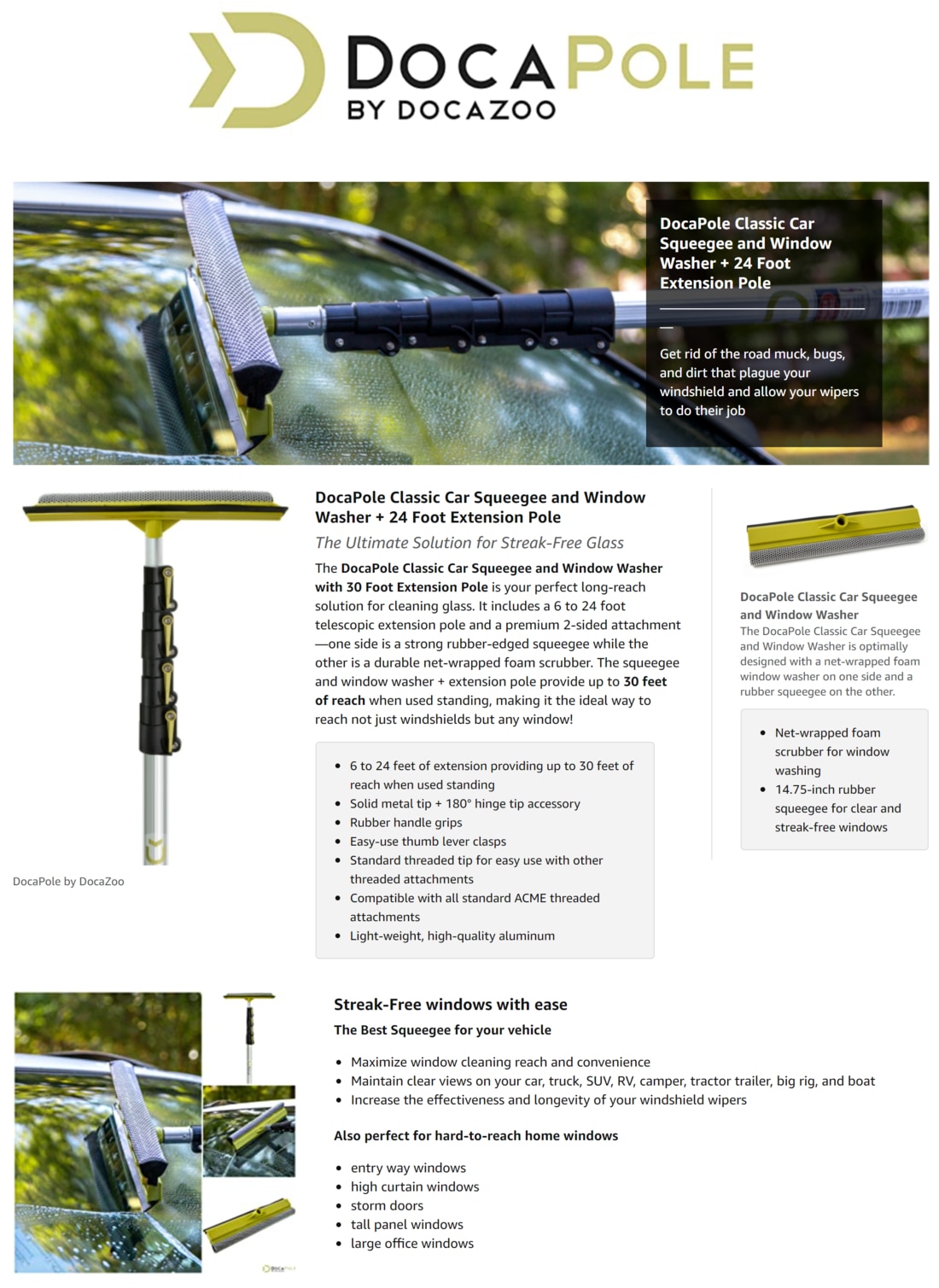 DocaPole 6 ft. to 24 ft. Extension Pole, Car Squeegee and Window Washer ...