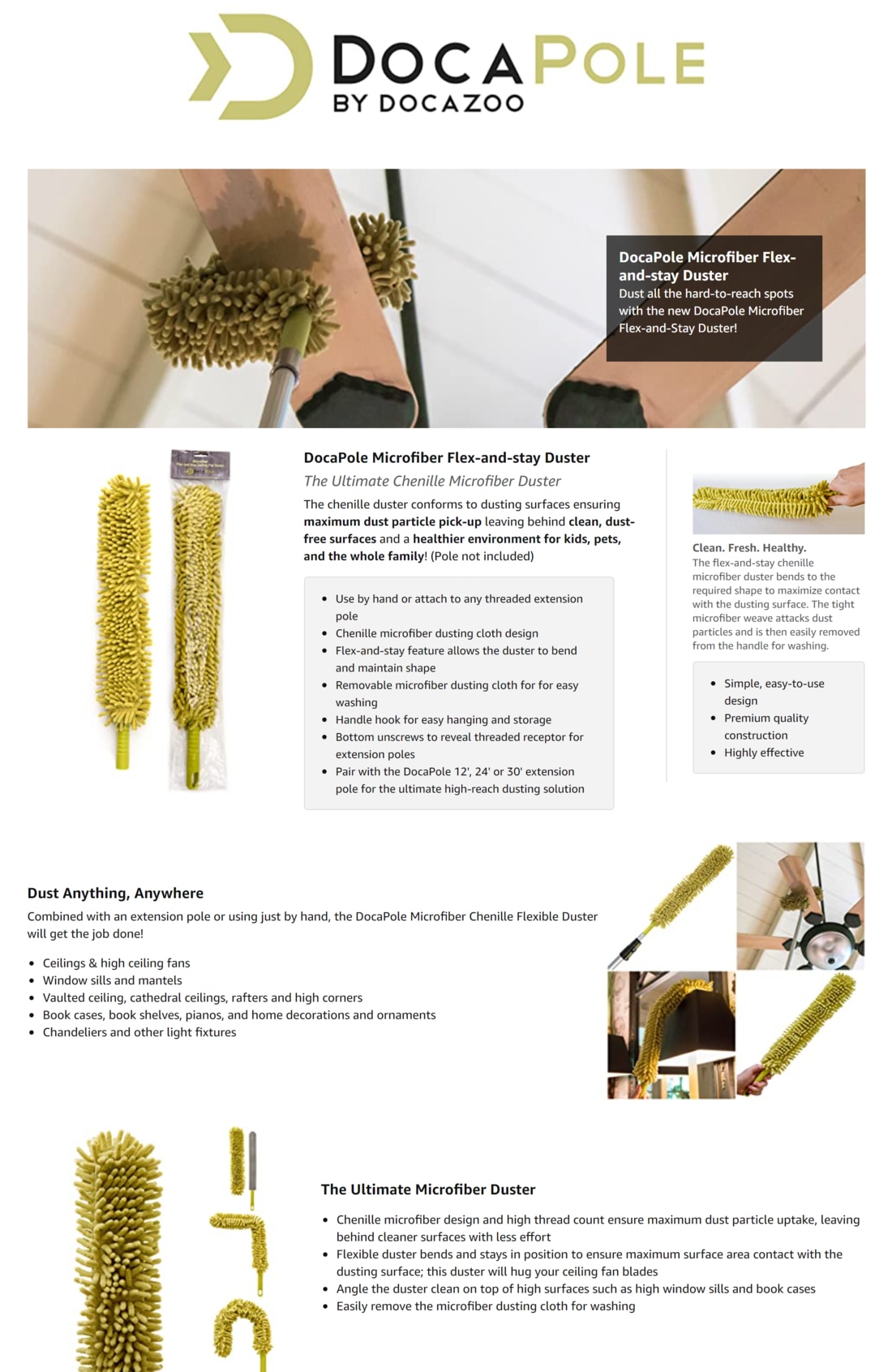 DocaPole Microfiber Flex-and-Stay Ceiling Fan Duster with Removable ...