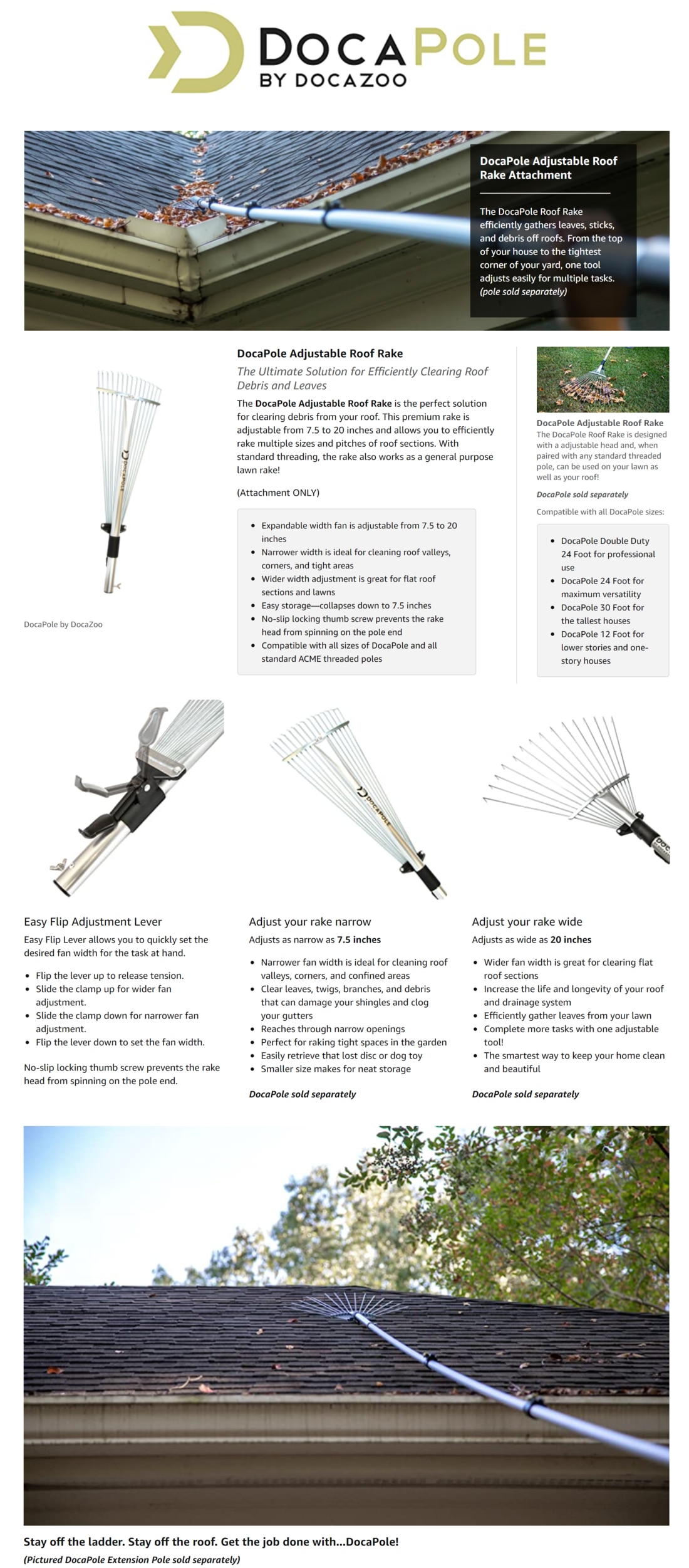 DocaPole Roof Rake Extension Pole Attachment, Adjustable Roof Rake for ...