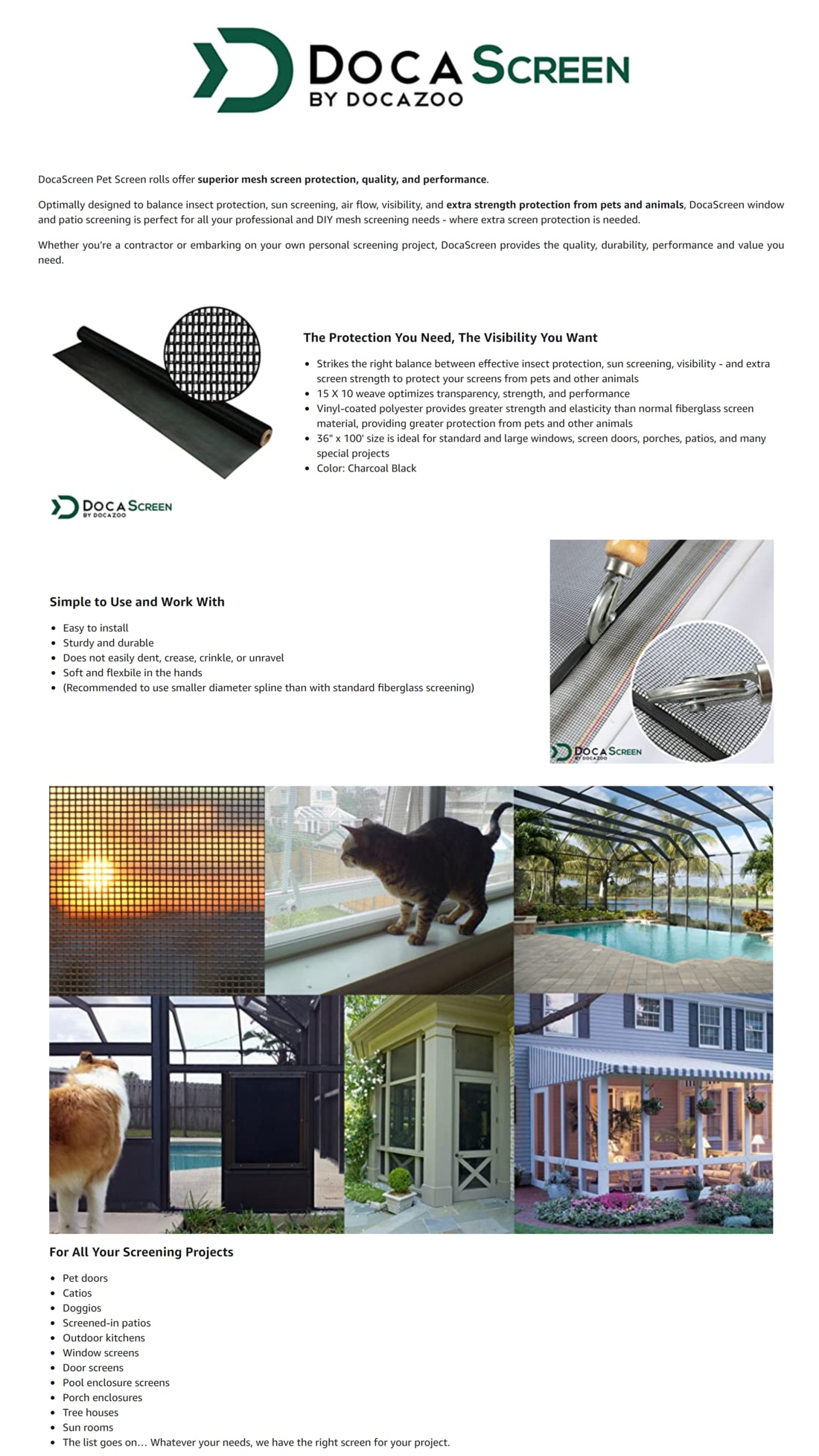 DocaScreen 36 in. x 100 ft. Pet Proof Screen Pet Resistant Screen for ...