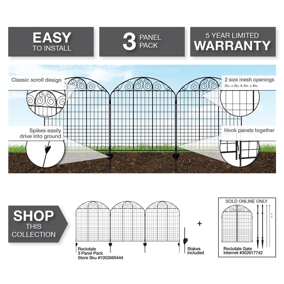 Vigoro Rockdale 41.9 in. H x 34.8in W Black Metal Garden Fence Gate ...
