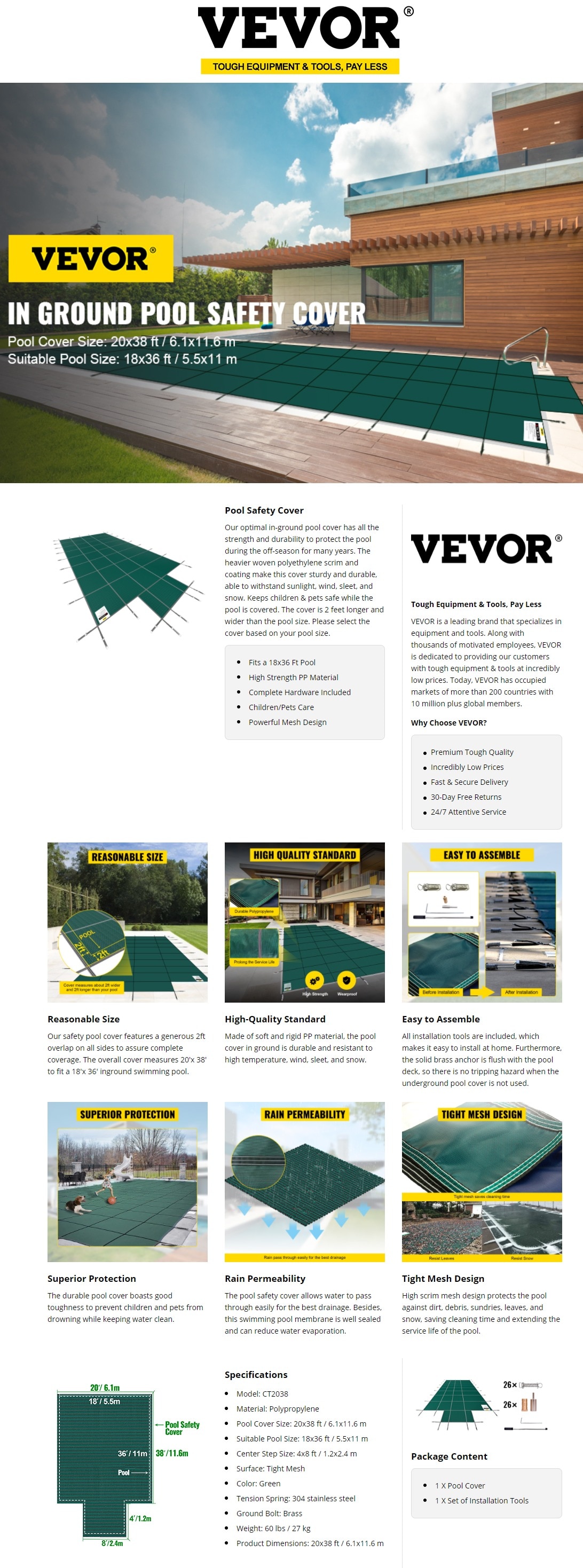 VEVOR 18 ft. x 36 ft. Rectangle In-Ground Pool Cover with 4 x 8 ft ...