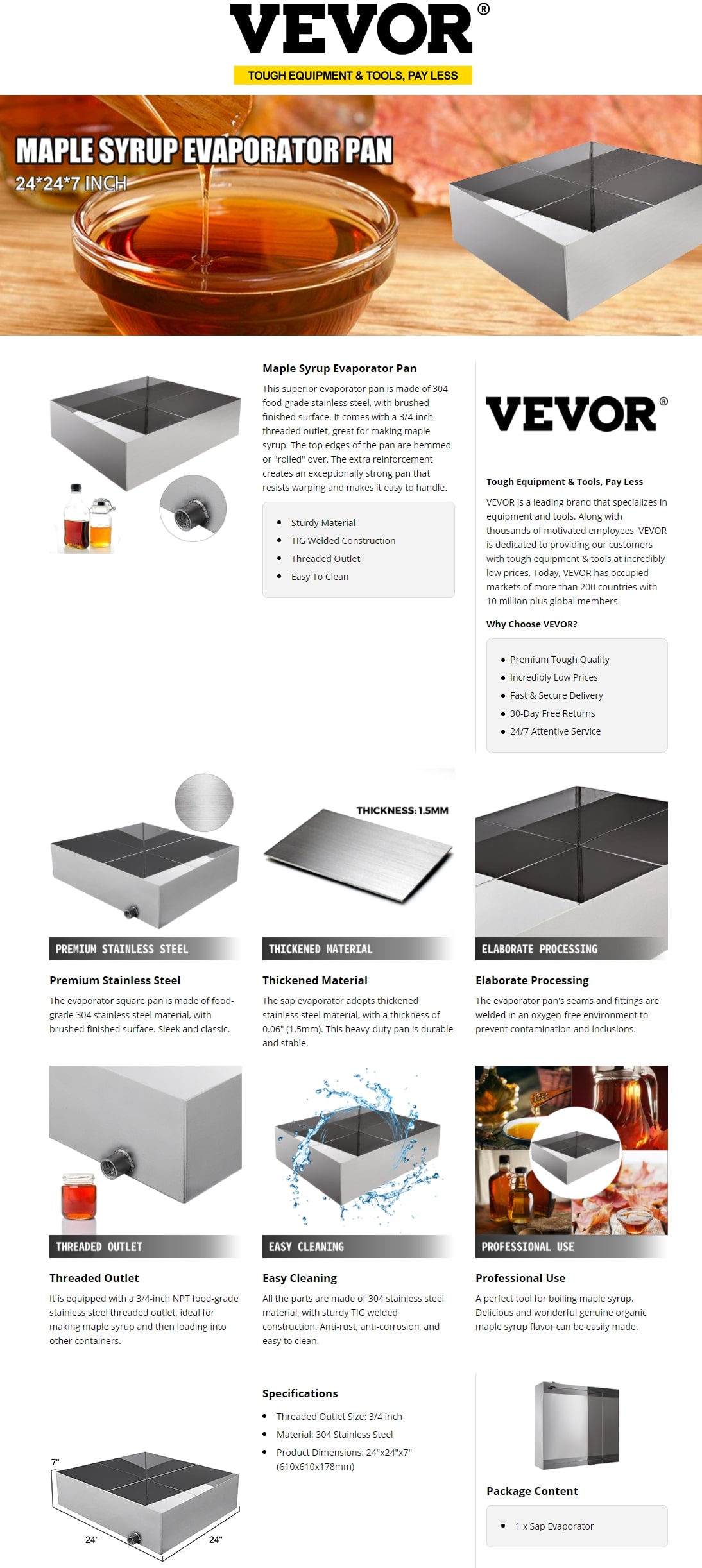 VEVOR 24 in. x 24 in. x 7 in. Maple Syrup Evaporator Pan 304-Stainless ...