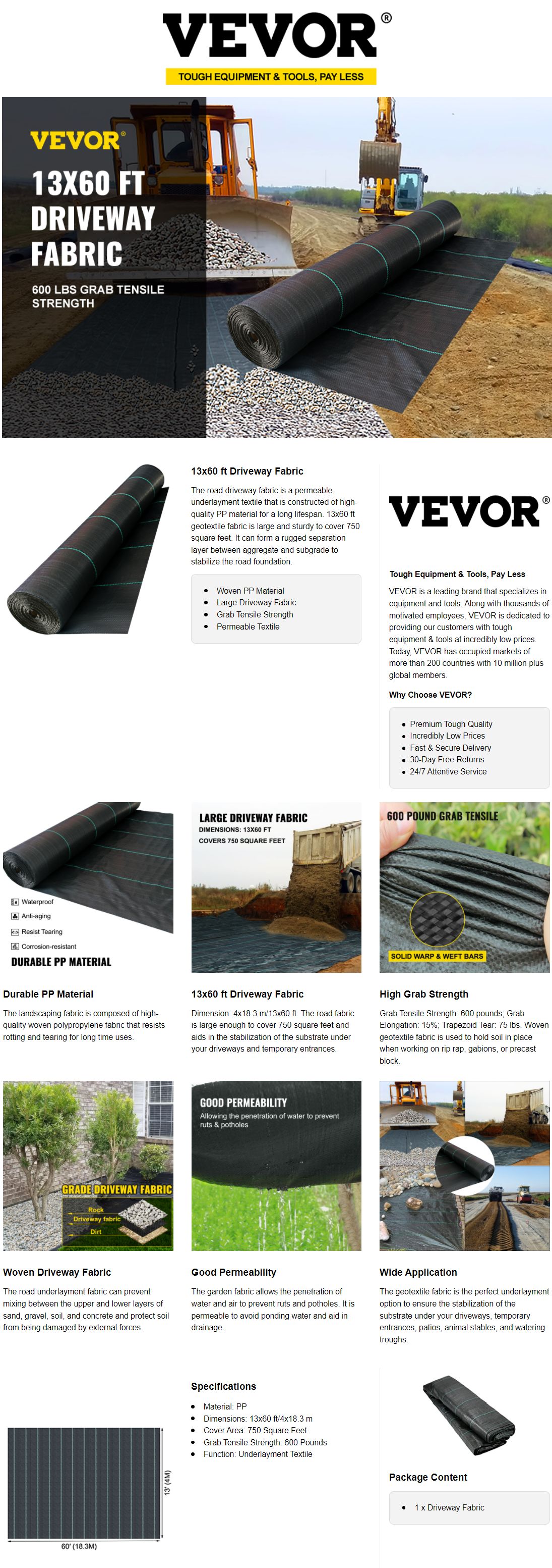 VEVOR Driveway Fabric 13 ft. x 60 ft. Weed Block Fabric Heavy-Duty ...