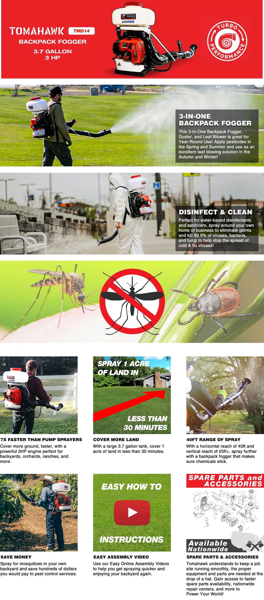 Tomahawk Power 3 HP Turbo Boosted Backpack Fogger for Mosquito ZIKA ...