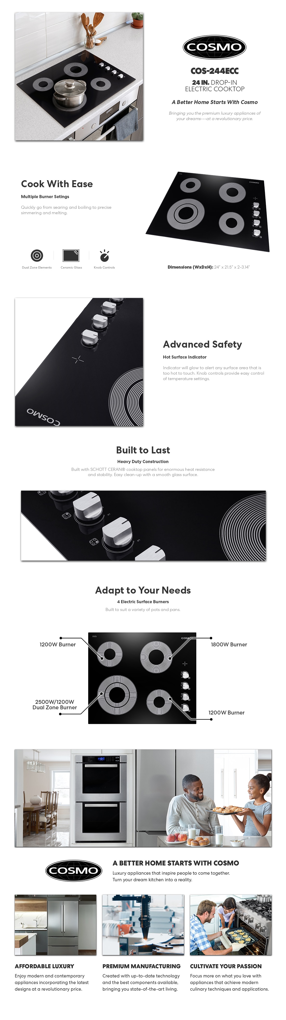 Cosmo 24 in. Smooth Top Electric Ceramic Glass Cooktop in Black with 4 ...
