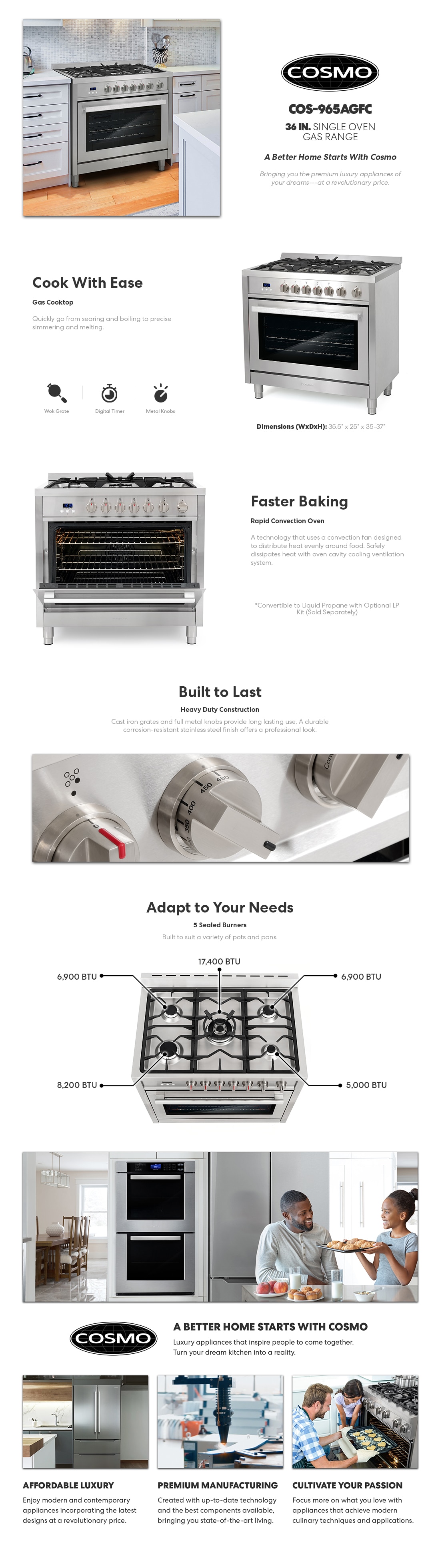 Cosmo 36 in. Nebula Collection 3.8 cu. ft. Gas Range, 5 Burners, Rapid ...