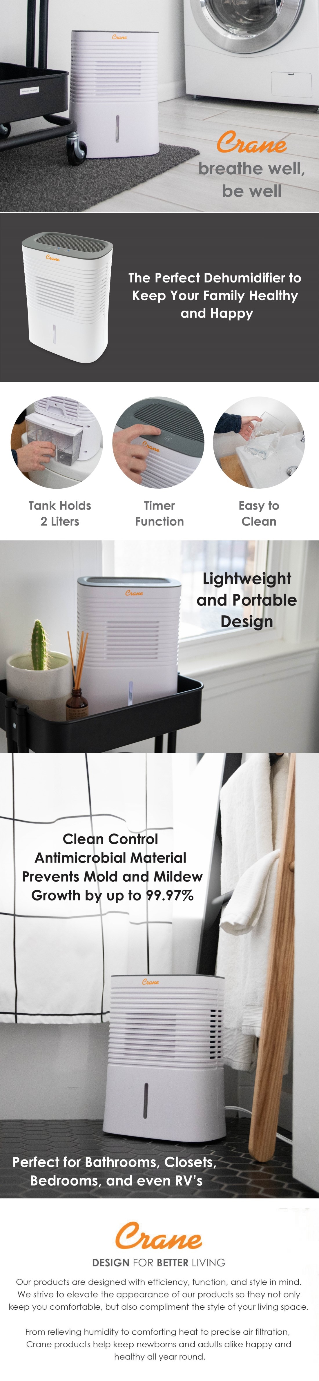 Crane 4 Pint Compact Dehumidifier with 2 Settings for Small to Medium ...