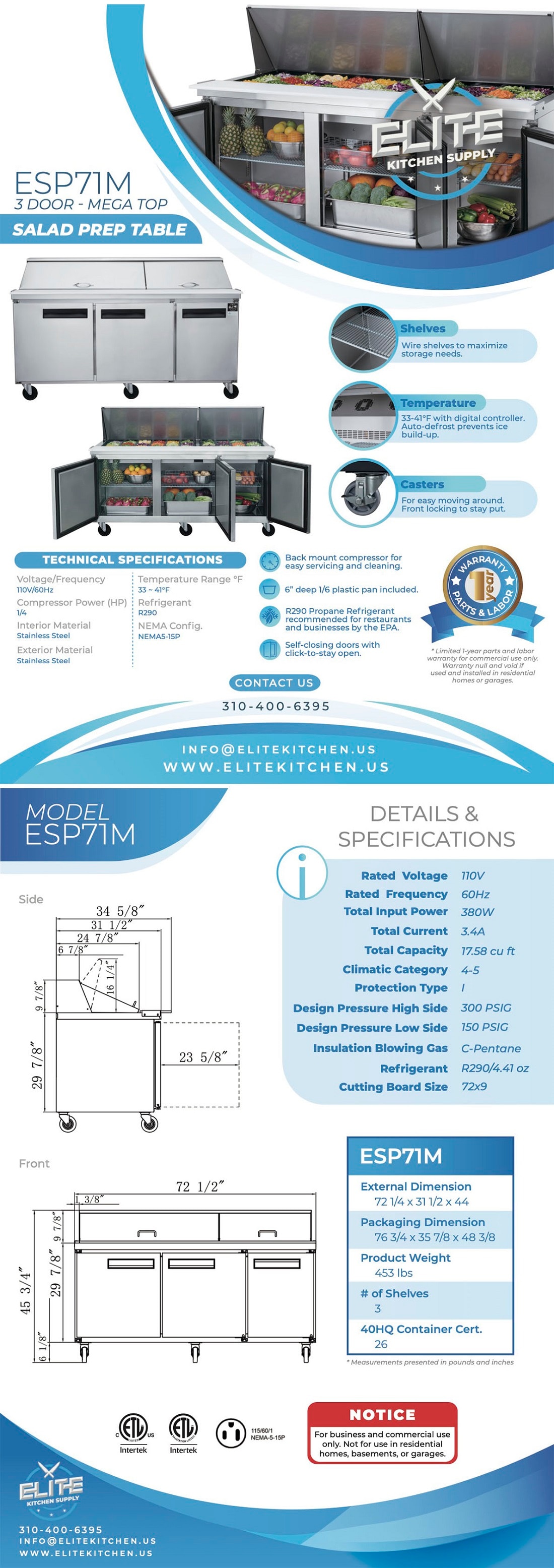 Elite Kitchen Supply 72.25 in. W 17.6 cu. ft. 3-Door Commercial Food ...
