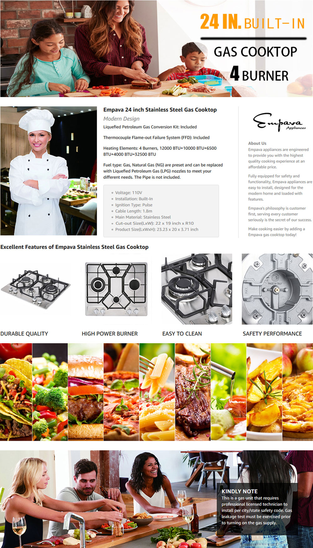 Empava 24 in. Gas Stove Cooktop 4 Italy Sabaf Sealed Burners in ...