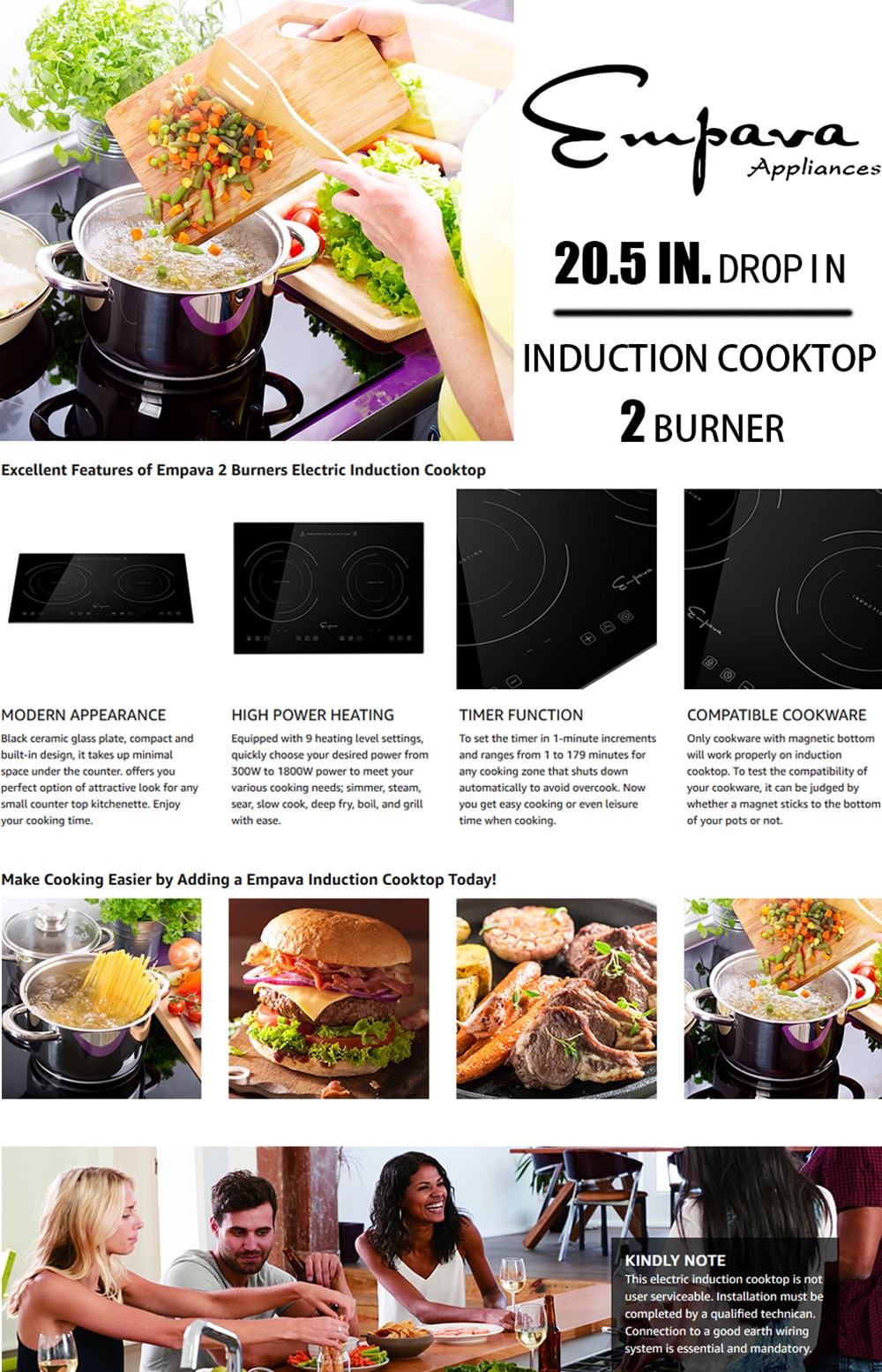 Empava 20.5 in. Electric Induction Cooktop Horizontal 2-Element Burner ...